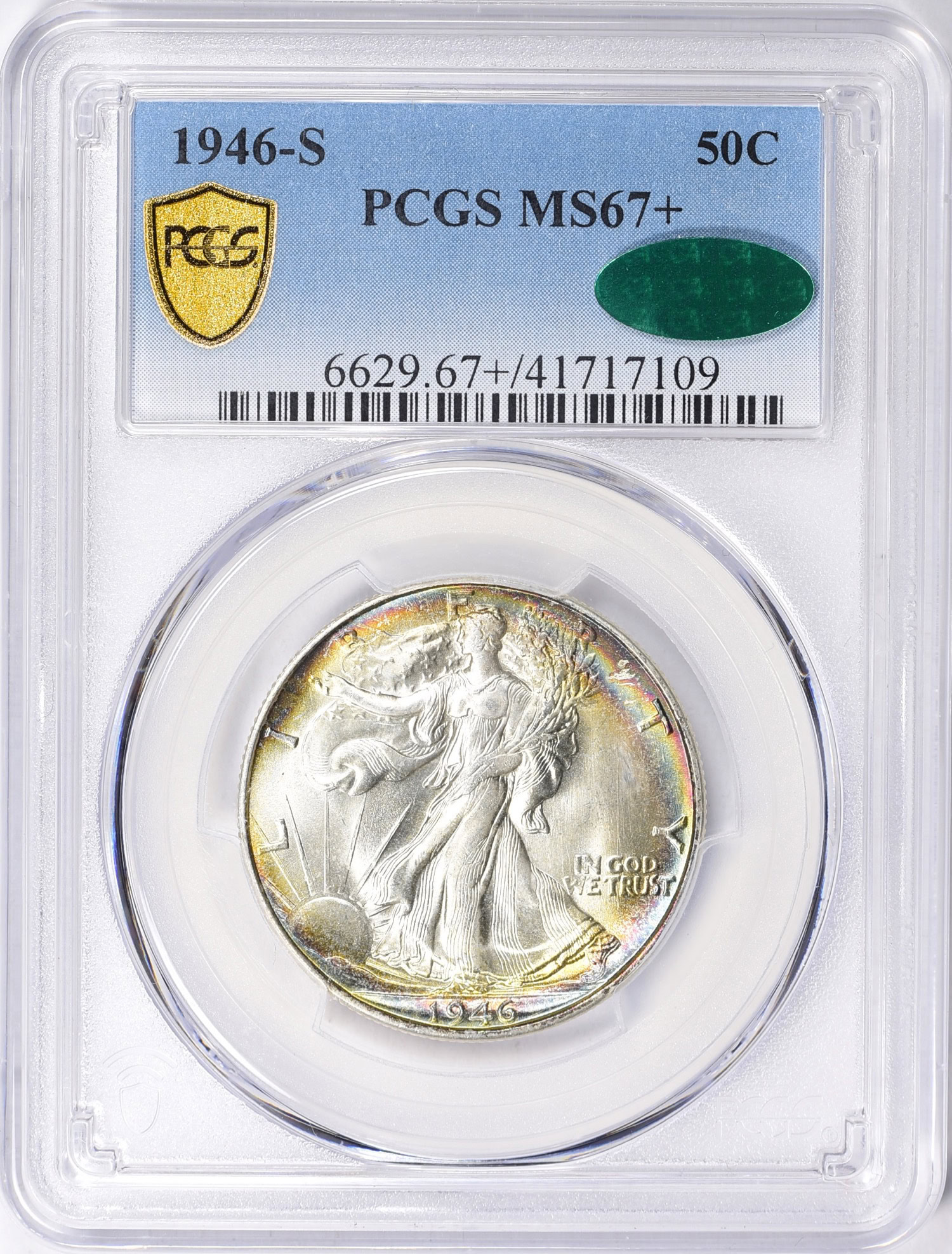 1946-S Walking Liberty Half Dollar PCGS MS-67+ (CAC Green) (Toned) (Item 1043384 ...