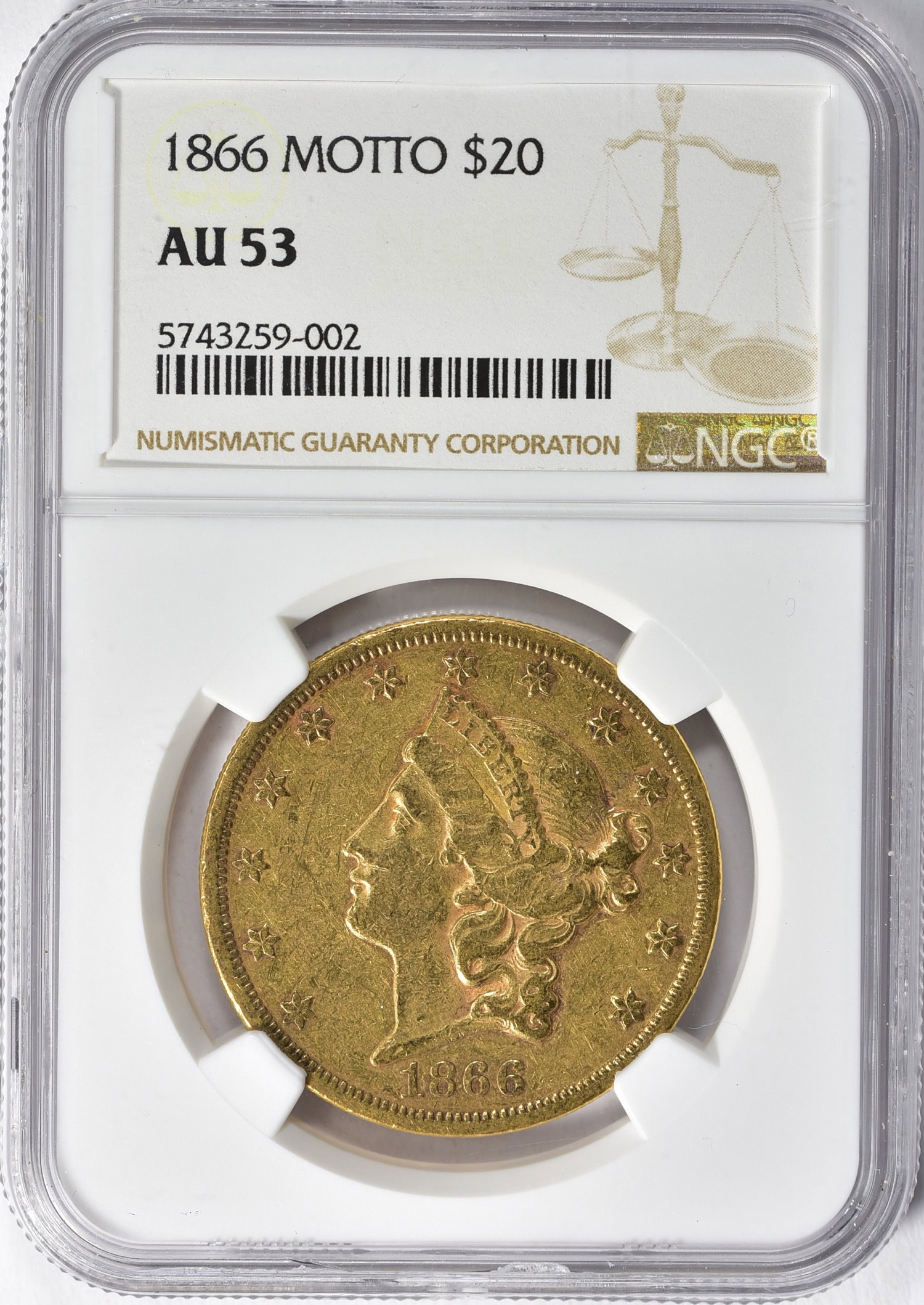 1866 Liberty Gold Double Eagle Motto NGC AU-53 (Item 1049137) | GreatCollections Coin Auctions