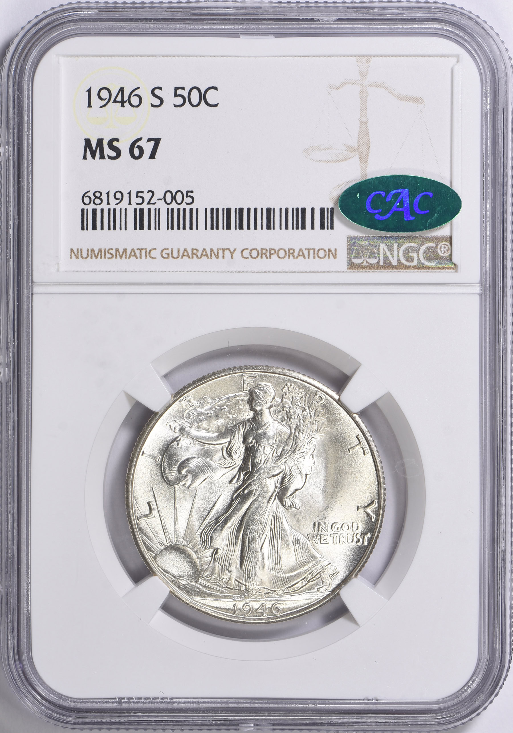 1946-S Walking Liberty Half Dollar NGC MS-67 (CAC Green) (Item 1057807) | GreatCollections Coin ...