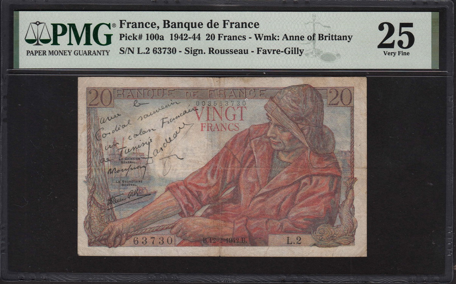 France Feb. 12 1942 20 Francs Banque de France Note SCWPM-100a Rousseau ...