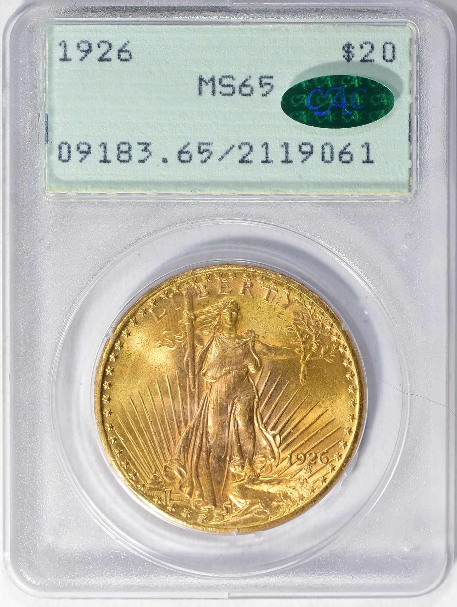 1926 Saint-Gaudens Gold Double Eagle PCGS MS-65 (CAC Green) OGH (1st Gen) (Item 1064893 ...