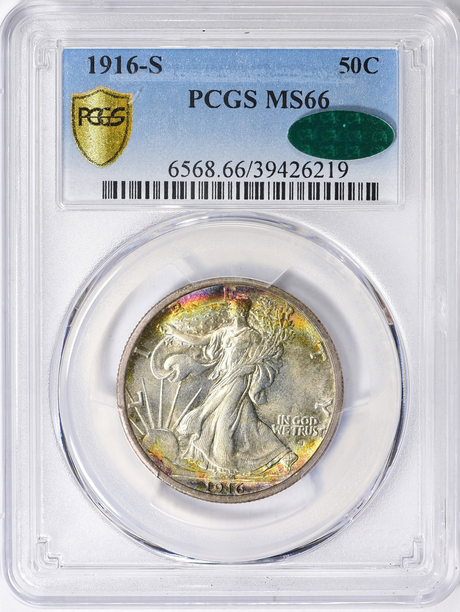 1916-S Walking Liberty Half Dollar PCGS MS-66 (CAC Green) (Toned) (Item 1072831 ...