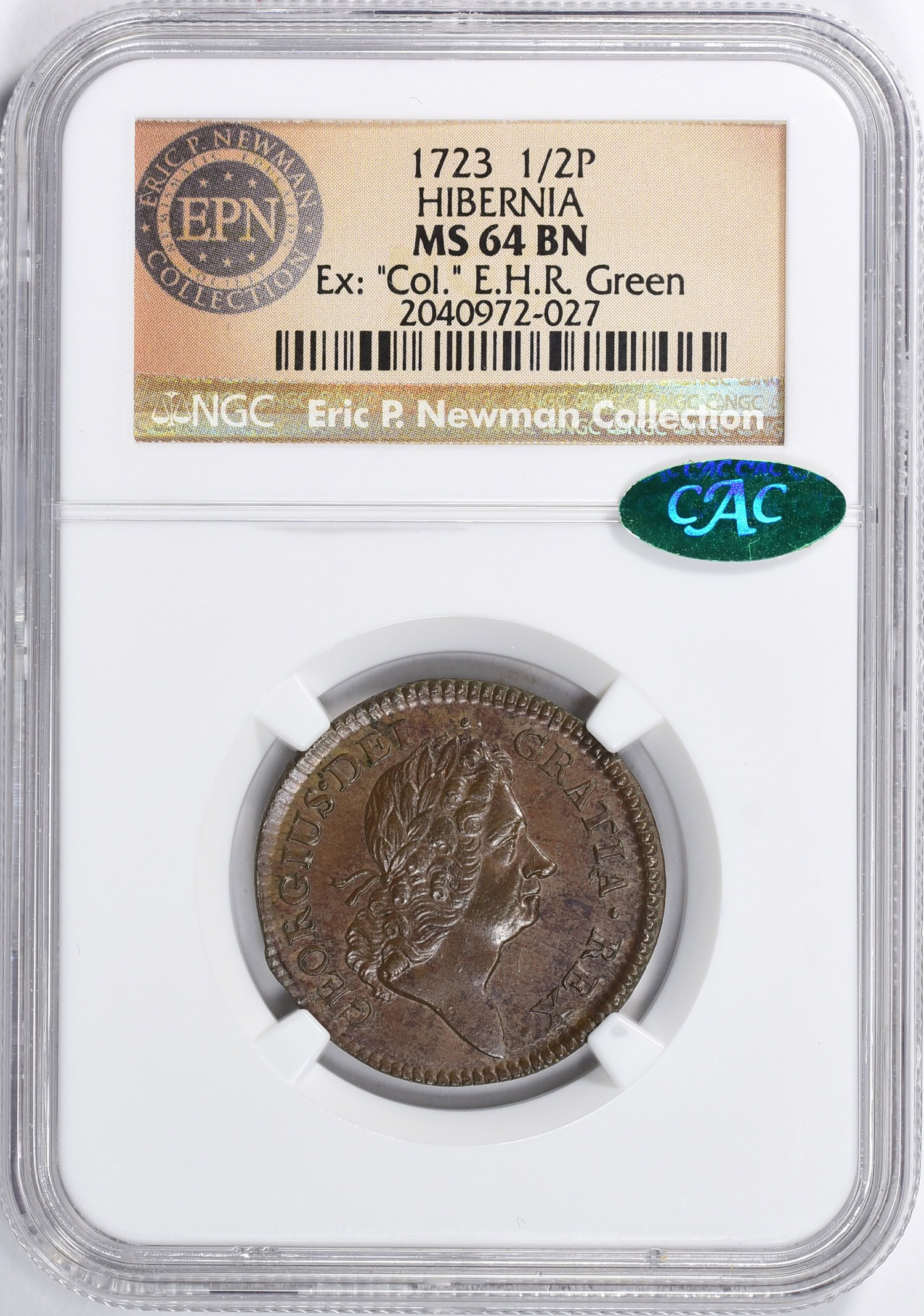 1723 Woods Hibernia Halfpence Ex: "Col." E.H.R. Green NGC MS-64 BN (CAC Green) (Eric P. Newman ...