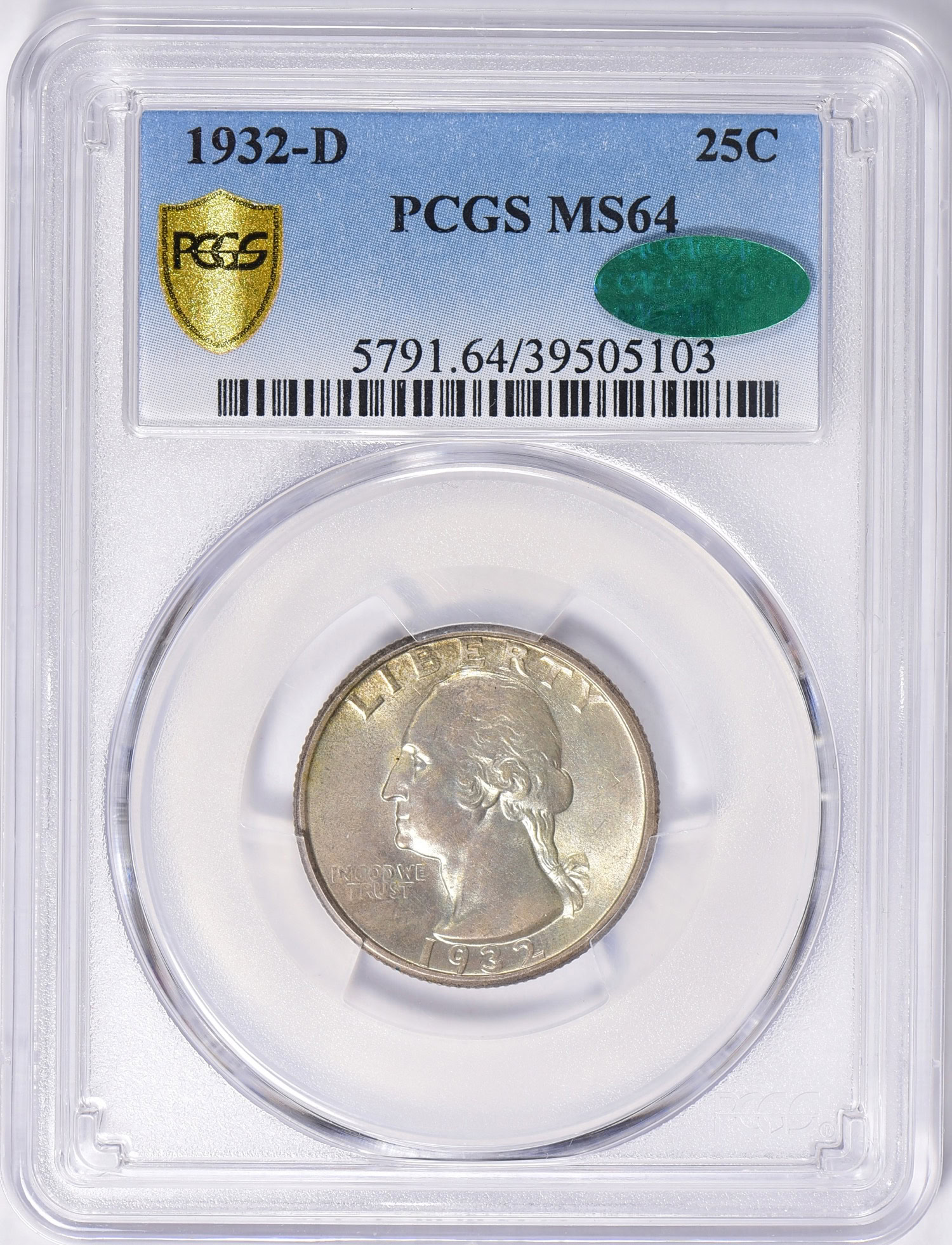 1932-D Washington Quarter PCGS MS-64 (CAC Green) (Toned) (Item 1076873) | GreatCollections Coin ...