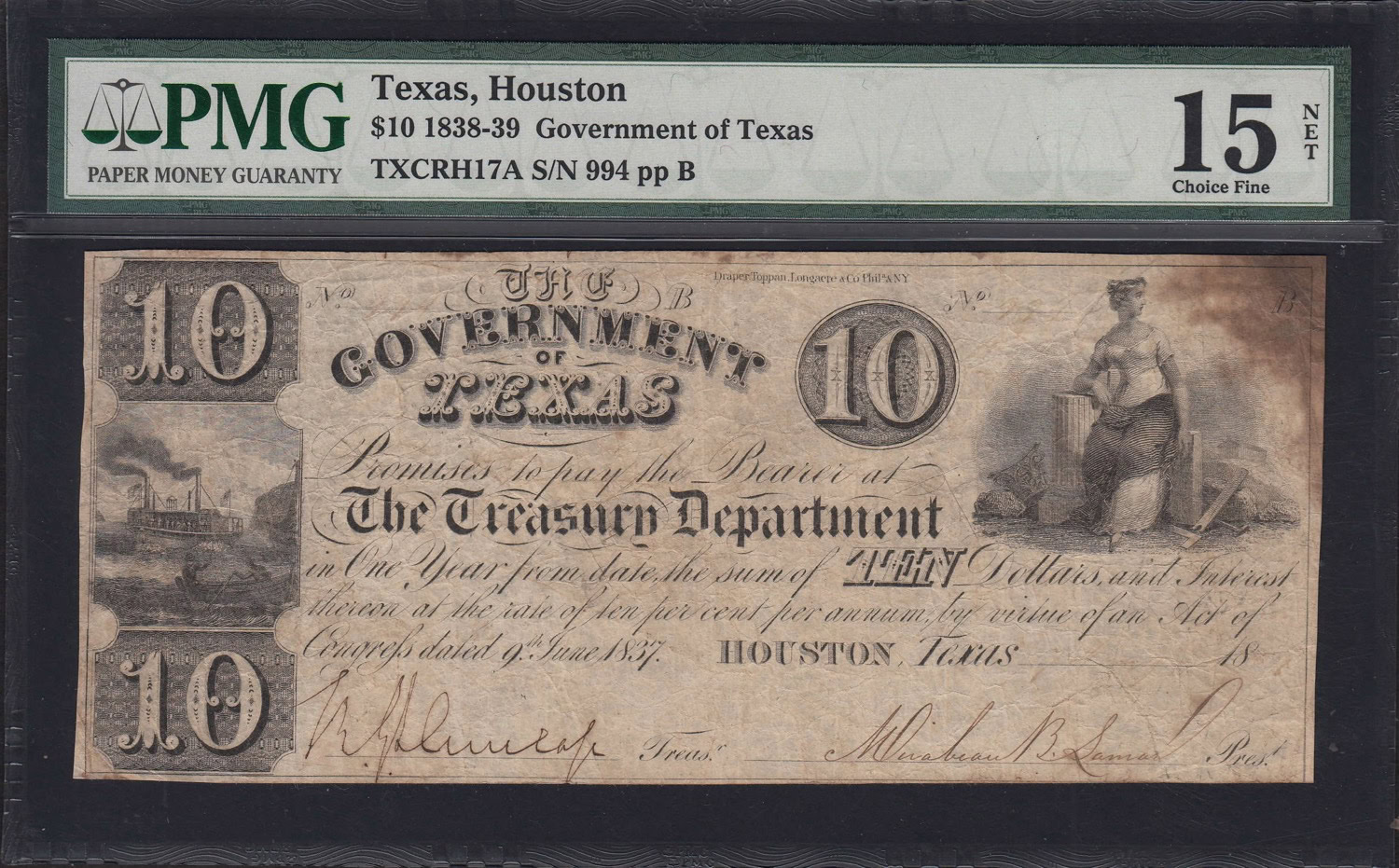 1838-39 Houston, Texas Government of Texas $10 Note PMG Choice Fine 15 ...