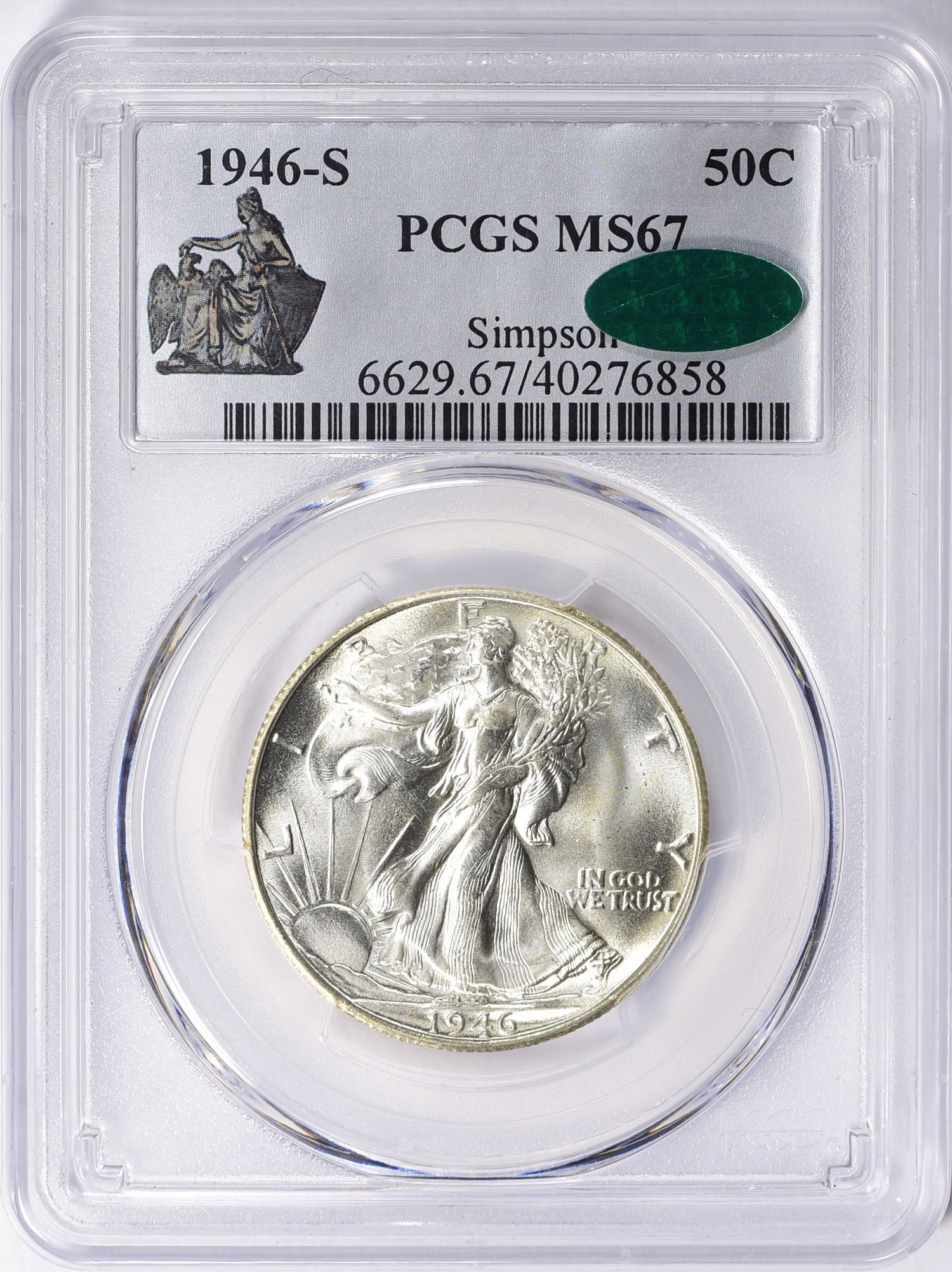 1946-S Walking Liberty Half Dollar PCGS MS-67 (CAC Green) (Simpson Collection) (Item 1086000 ...