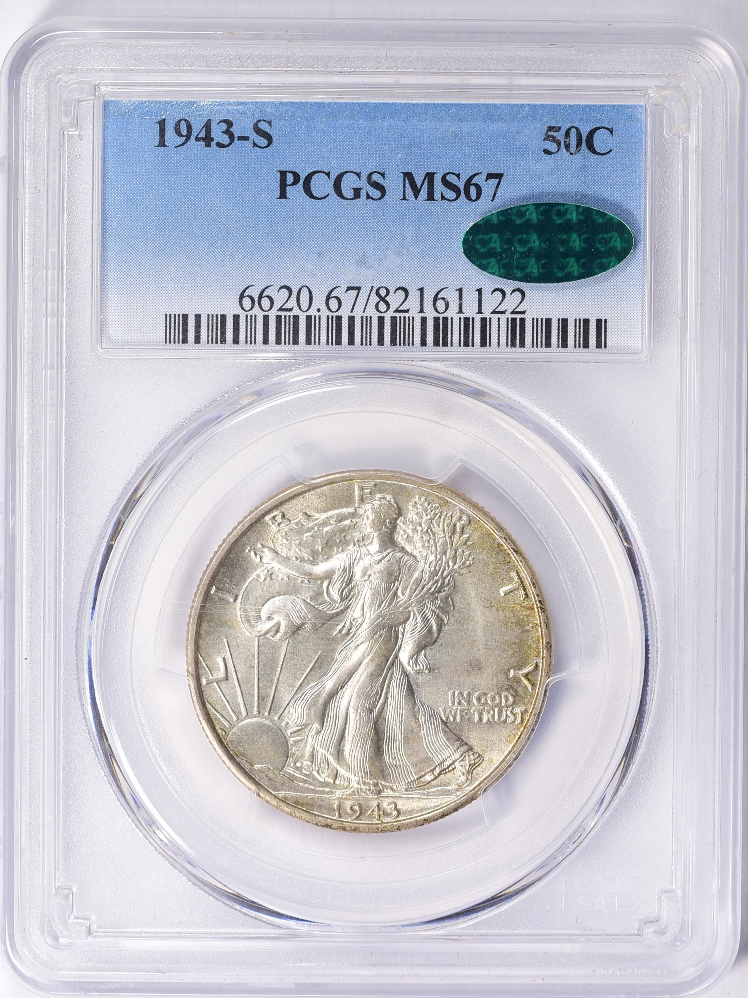 1943-S Walking Liberty Half Dollar PCGS MS-67 (CAC Green) (Item 1086072) | GreatCollections Coin ...