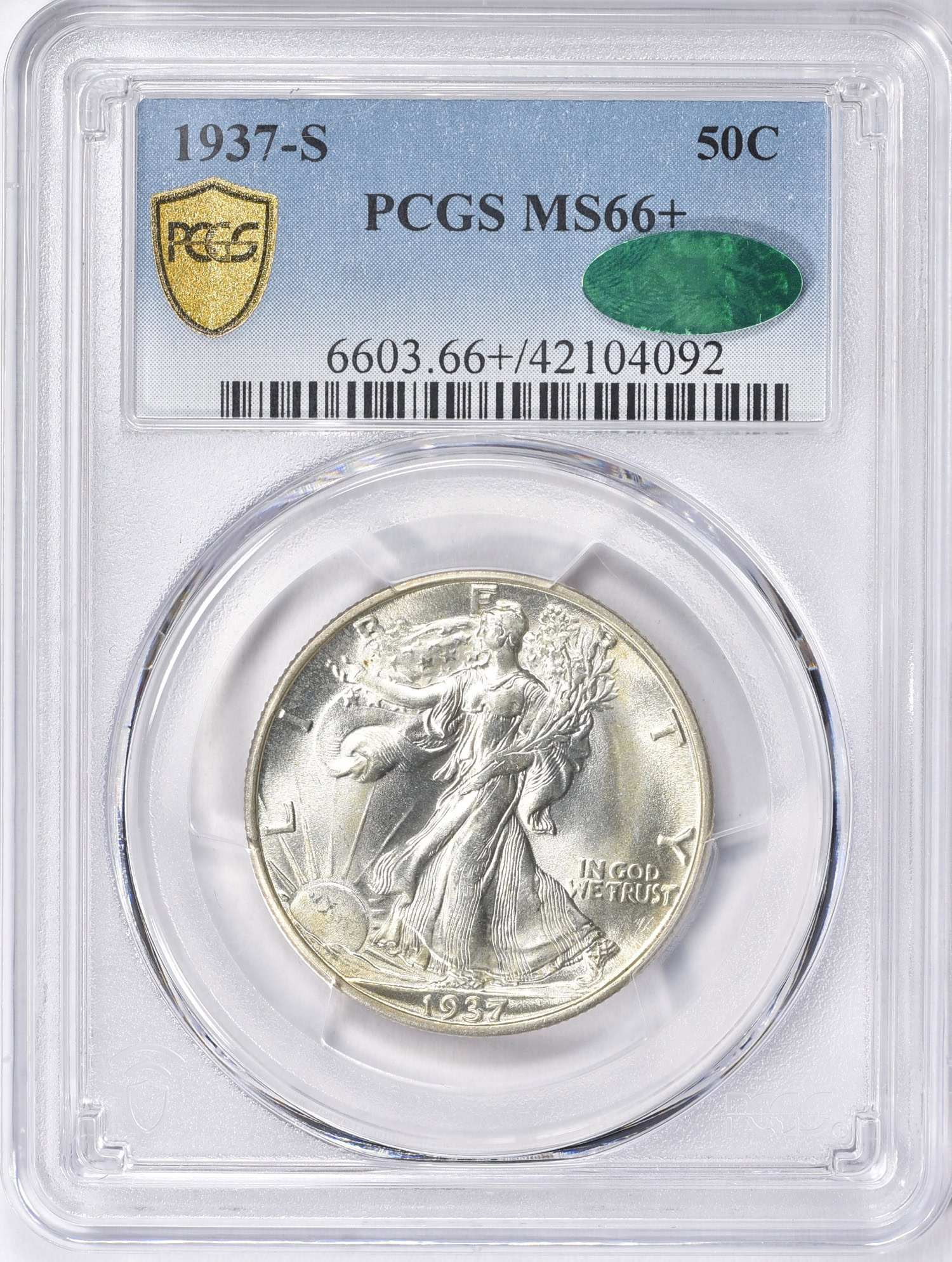 1937-S Walking Liberty Half Dollar PCGS MS-66+ (CAC Green) (Item 1086098) | GreatCollections ...