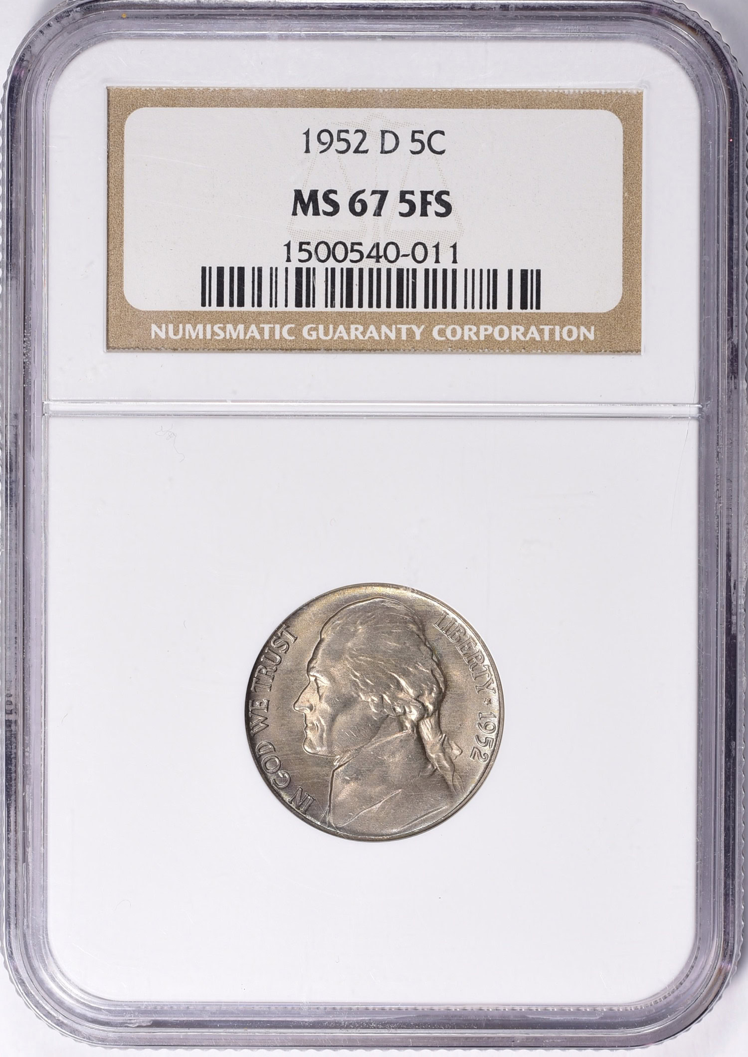1952-D Jefferson Nickel NGC MS-67 5FS (Item 1088711) | GreatCollections Coin Auctions