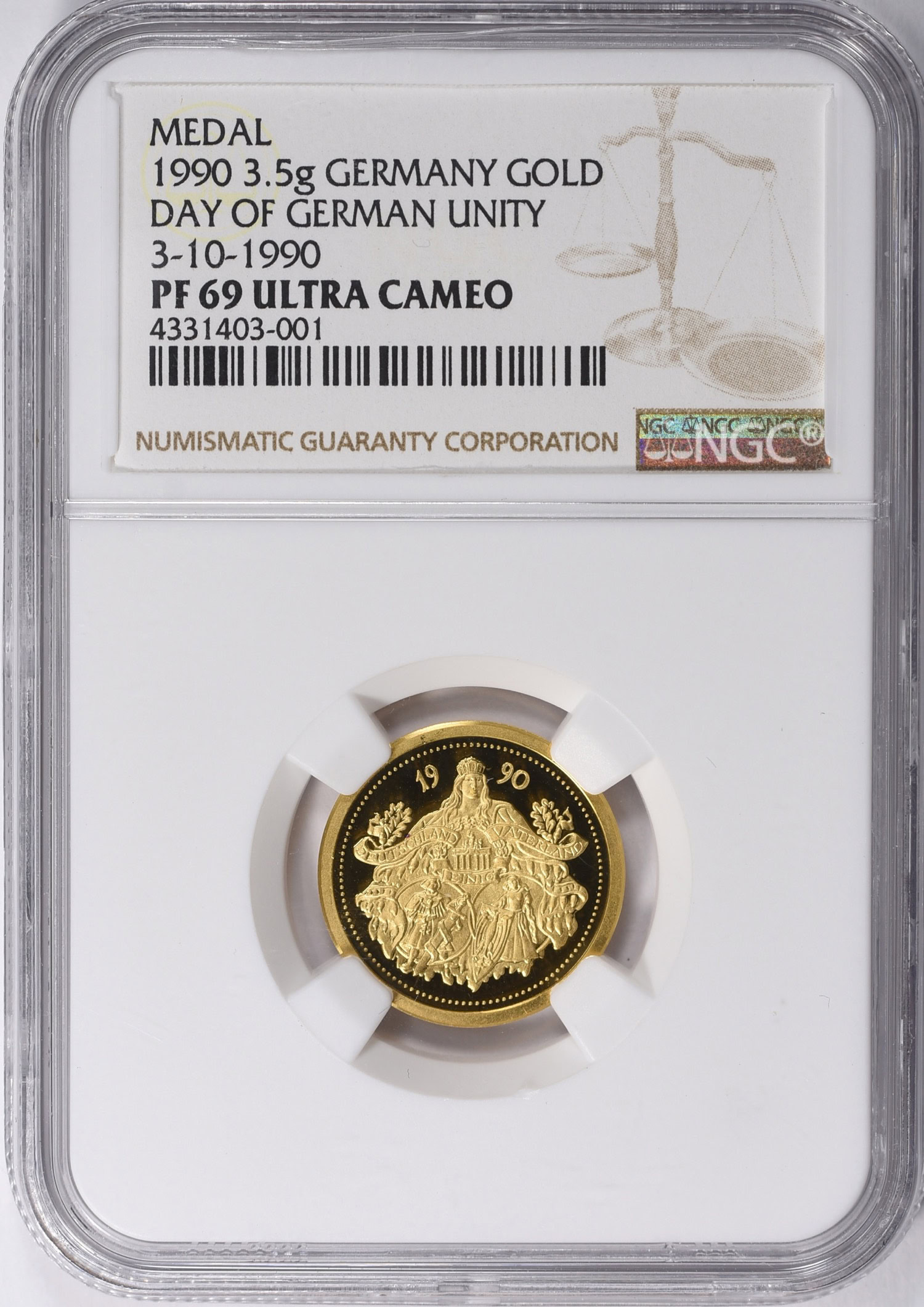 Germany 1990 Gold Medal 3.5g Day of German Unity 3-10-1990 NGC Proof-69 ...