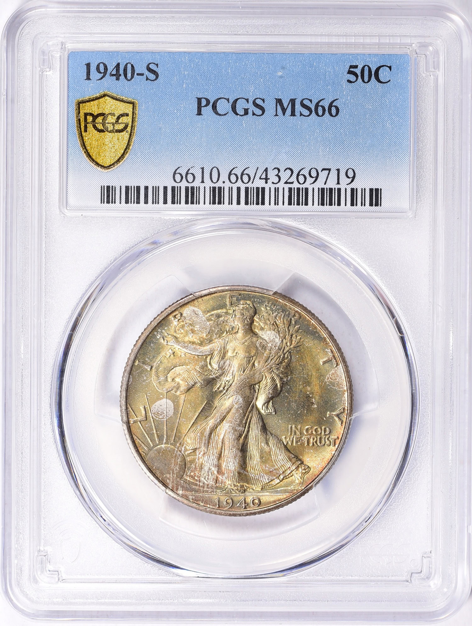 1940-S Walking Liberty Half Dollar PCGS MS-66 (Toned) (Item 1093225) | GreatCollections Coin ...