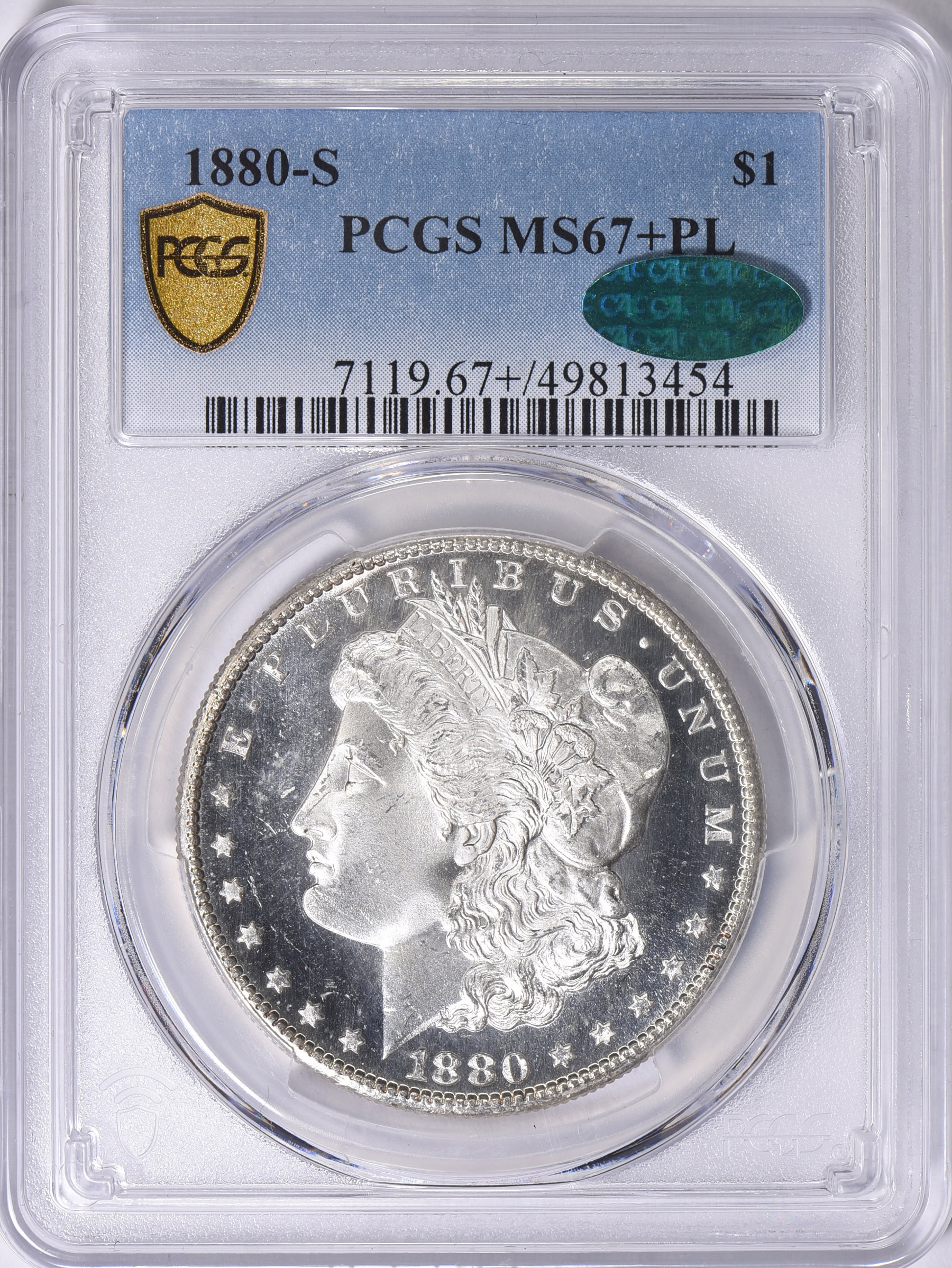 1880-S Morgan Silver Dollar PCGS MS-67+ PL (CAC Green) (Item 1094115) | GreatCollections Coin ...
