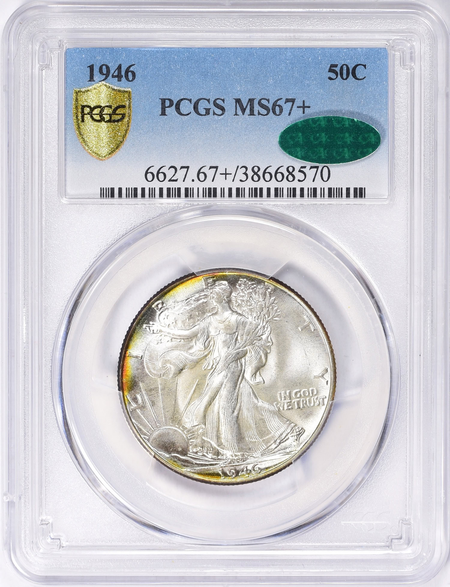 1946 Walking Liberty Half Dollar PCGS MS-67+ (CAC Green) (Toned) (Item 1094696 ...