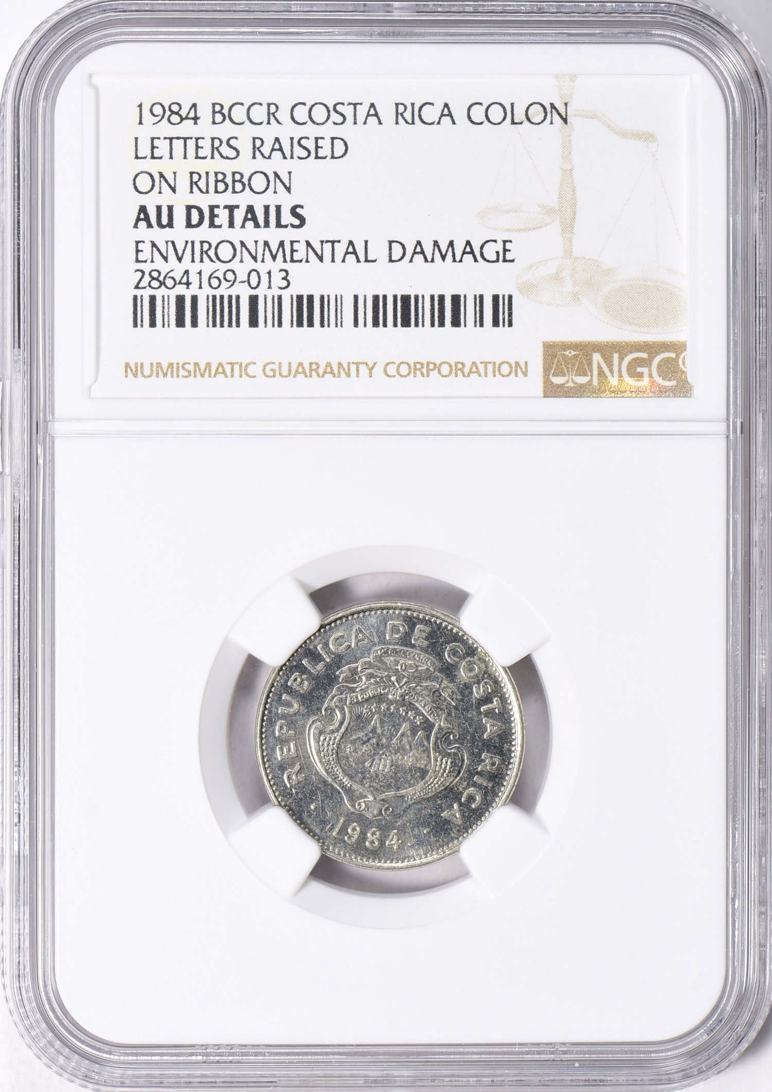 Costa Rica 1984-BCCR Colon Letters Raised on Ribbon KM-210.2 NGC AU ...