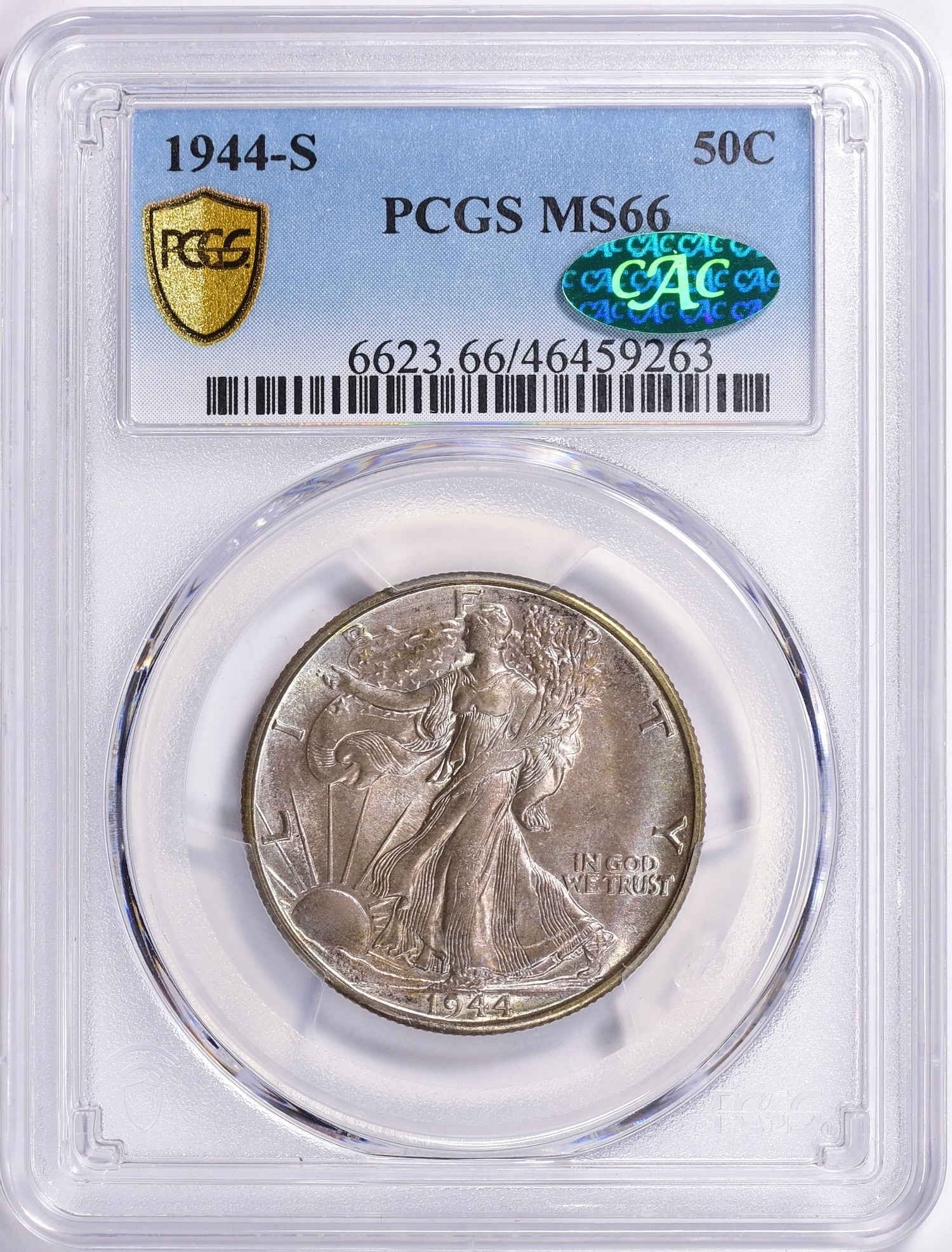 1944-S Walking Liberty Half Dollar PCGS MS-66 (CAC Green) (Toned) (Item 1101115 ...