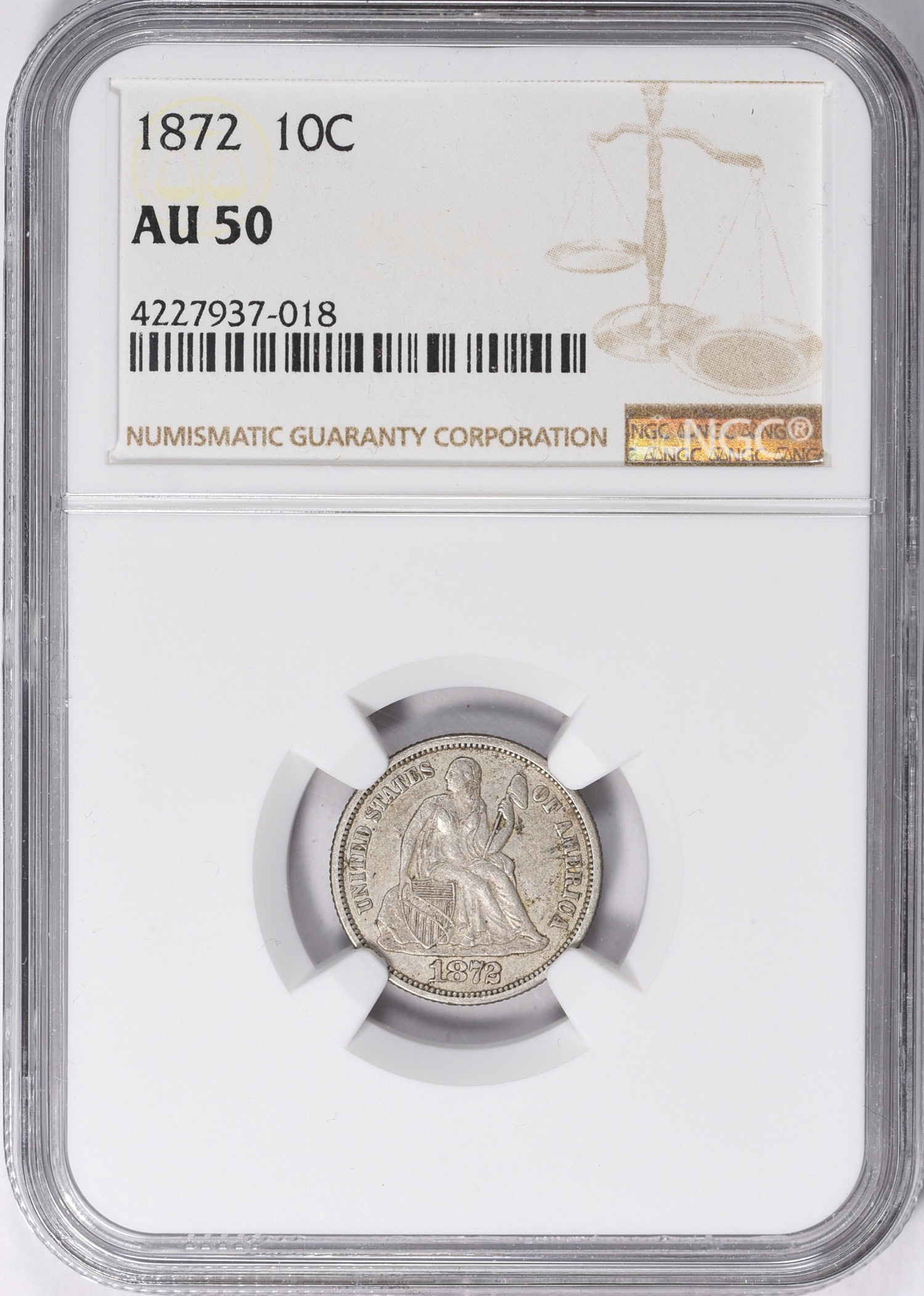 1872 Seated Liberty Dime NGC AU-50 (Item 1103542) | GreatCollections Coin Auctions