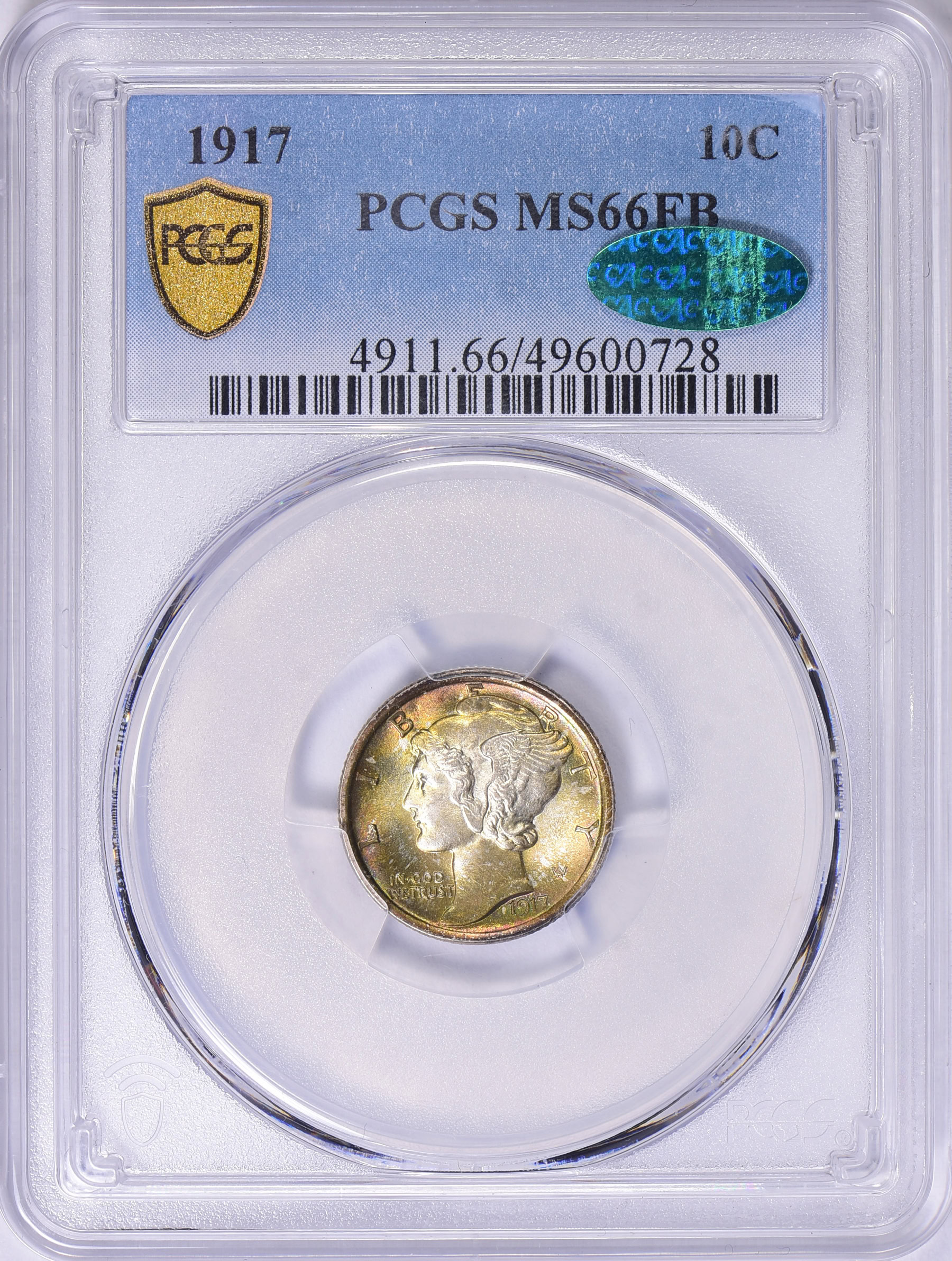 1917 Mercury Dime PCGS MS-66 FB (CAC Green) (Toned) (Item 1104185) | GreatCollections Coin Auctions