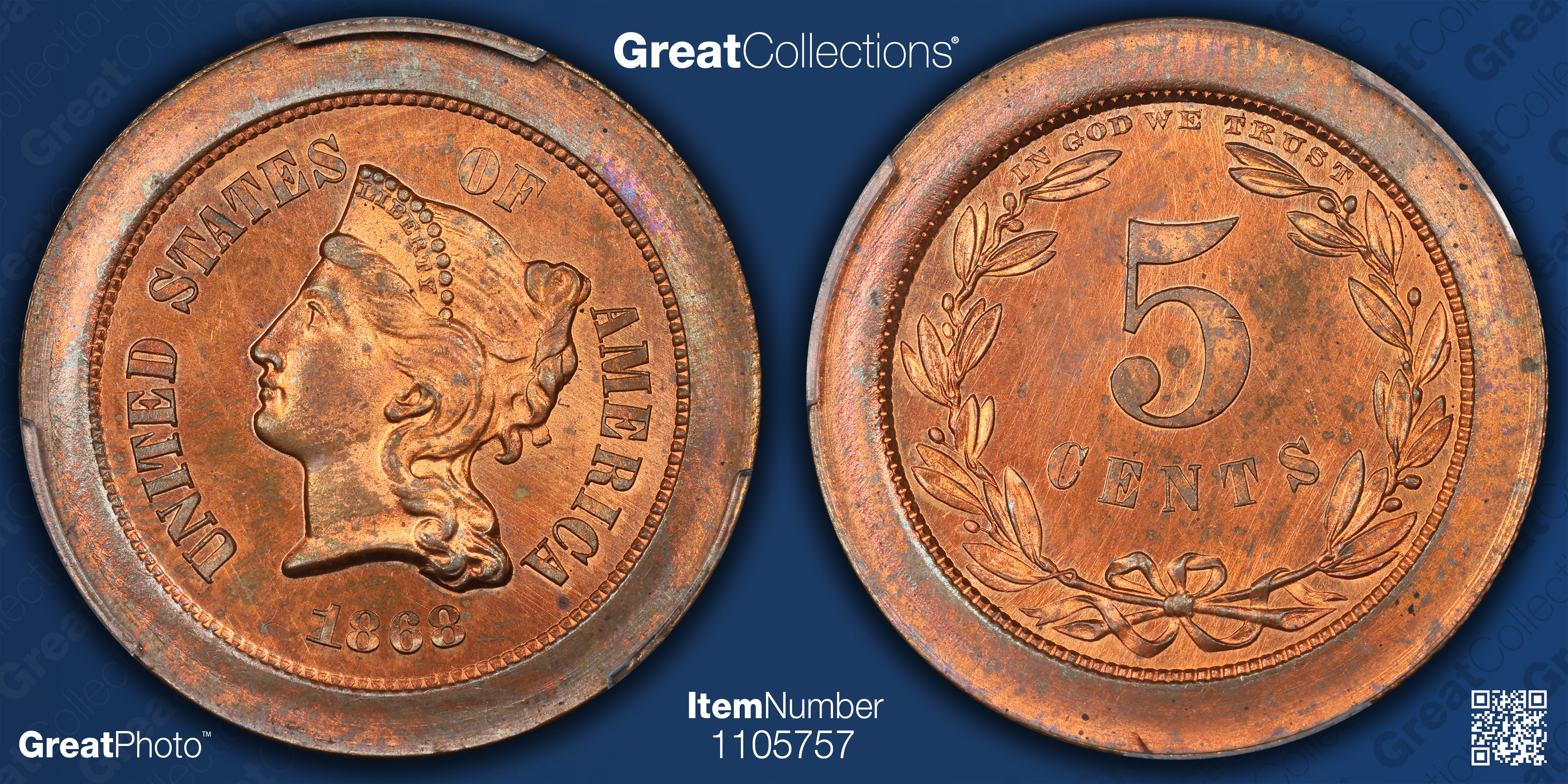 Pattern 1868 5c J-628 PCGS Proof-65 RB (Gerald Forsythe Collection ...