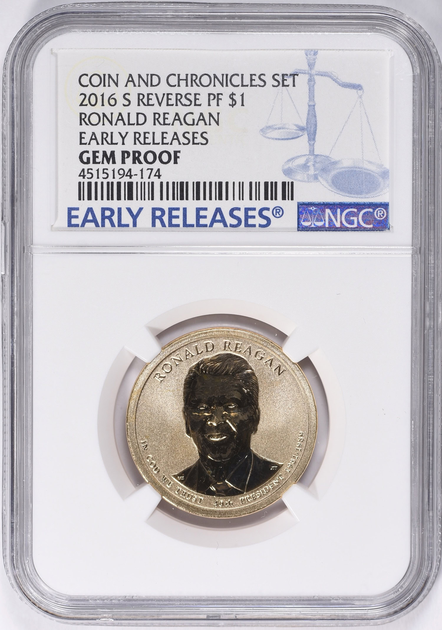 2016-S Presidential Dollar Ronald Reagan. Reverse Proof Early Releases ...