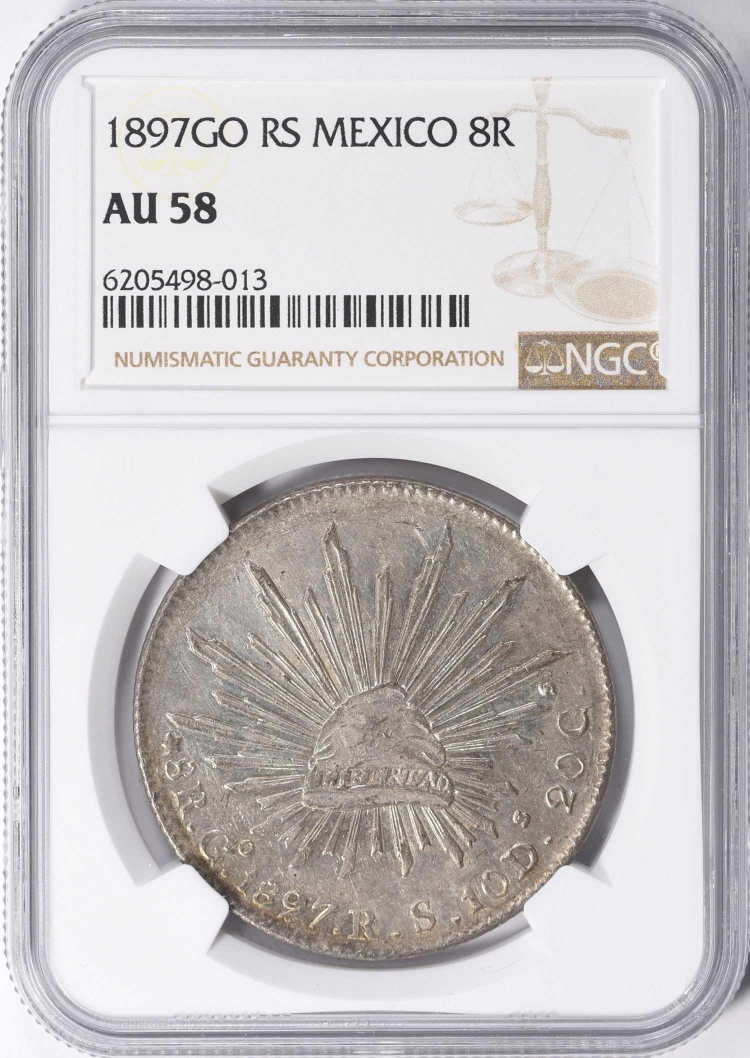 Mexico 1897-Go RS Silver 8 Reales KM-377.8 NGC AU-58 (Item 1112503) | GreatCollections Coin Auctions