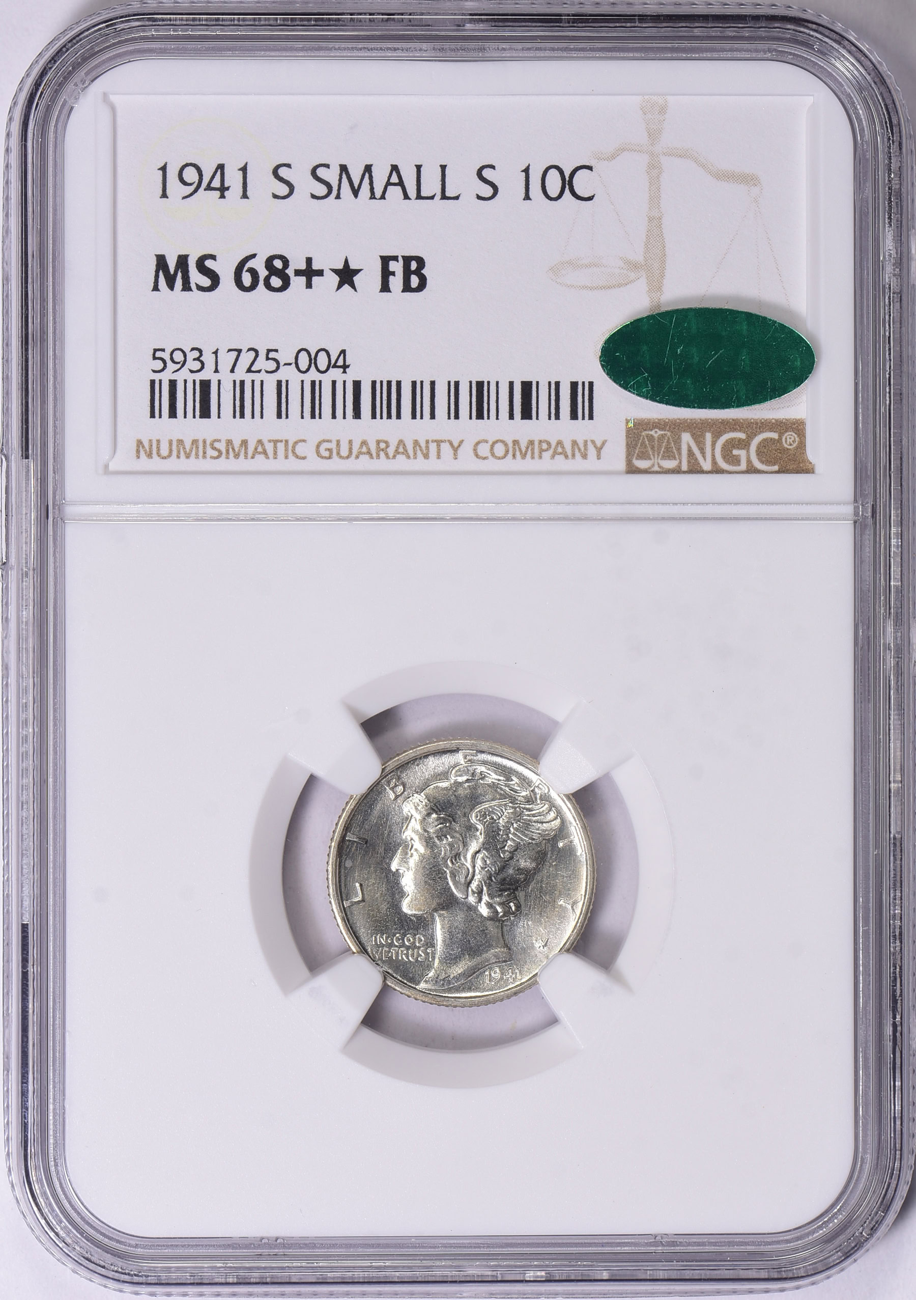 1941-S Mercury Dime Small S NGC MS-68+ ★ FB (CAC Green) (Item 1116730) | GreatCollections Coin ...