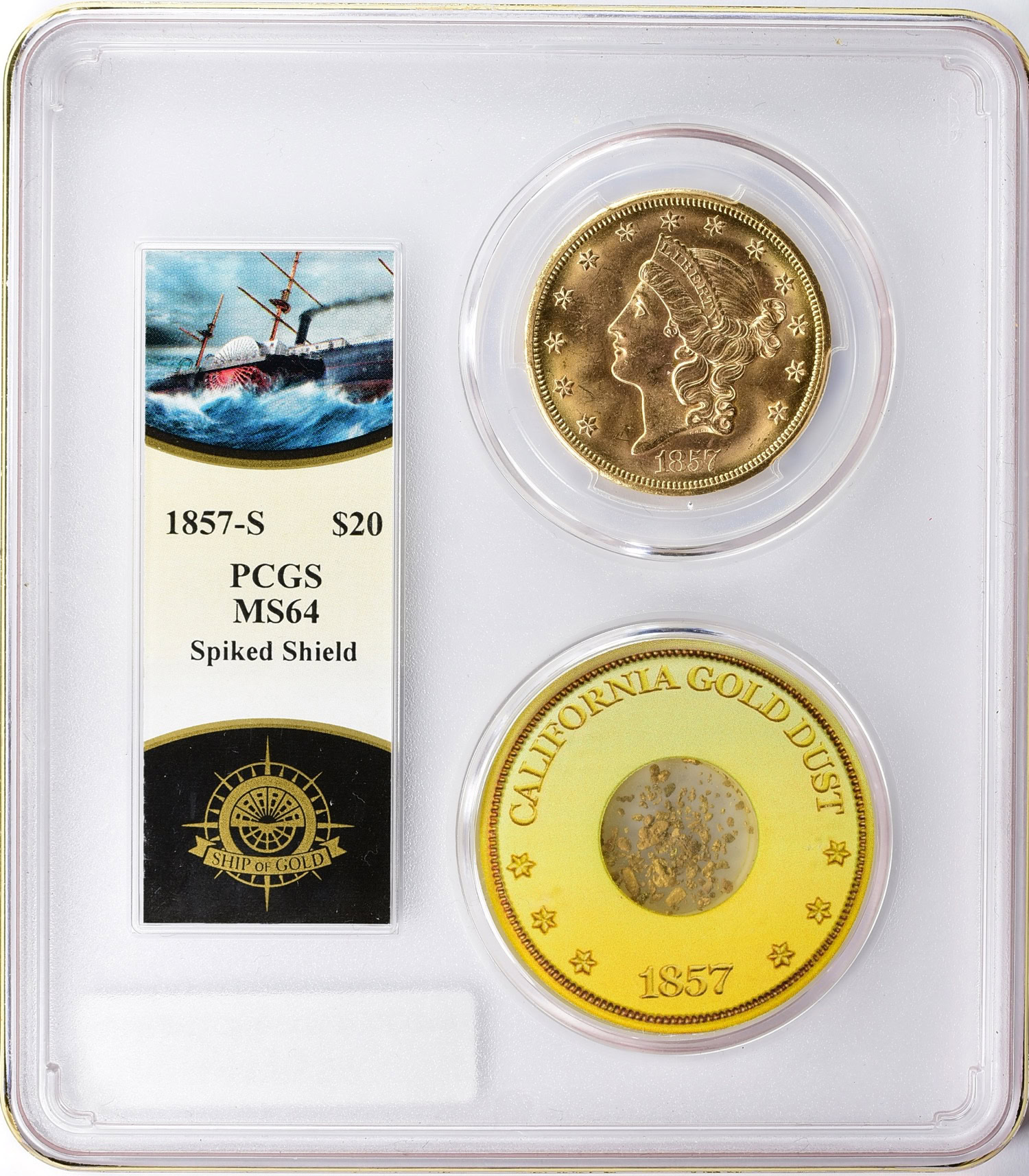 1857-S Liberty Gold Double Eagle Spiked Shield Shipwreck S.S. Central America PCGS MS-64 (With ...