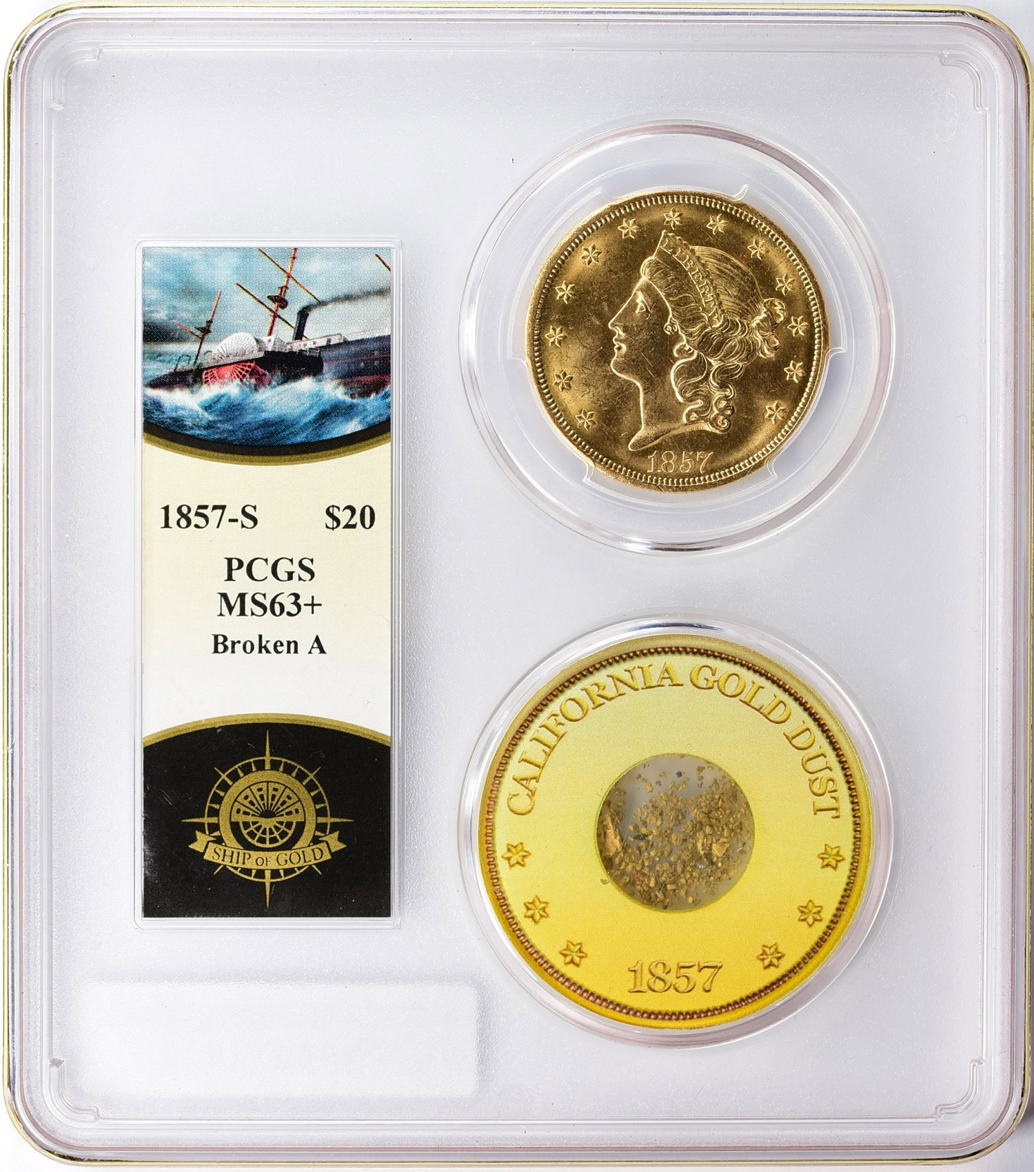 1857-S Liberty Gold Double Eagle Broken A Shipwreck S.S. Central America PCGS MS-63+ (With One ...