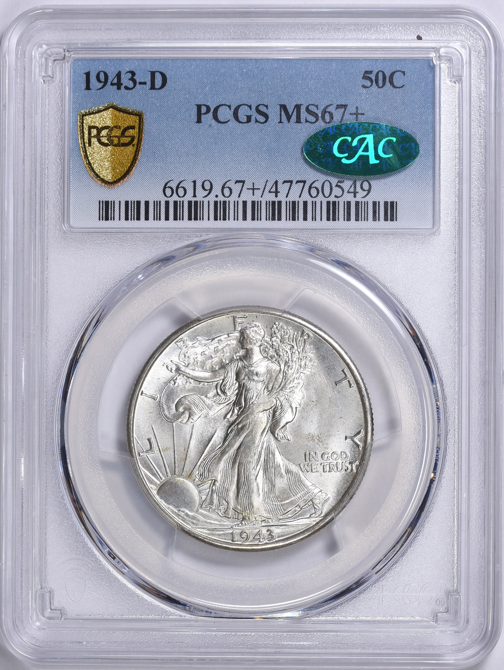 1943-D Walking Liberty Half Dollar PCGS MS-67+ (CAC Green) (Item 1119600) | GreatCollections ...