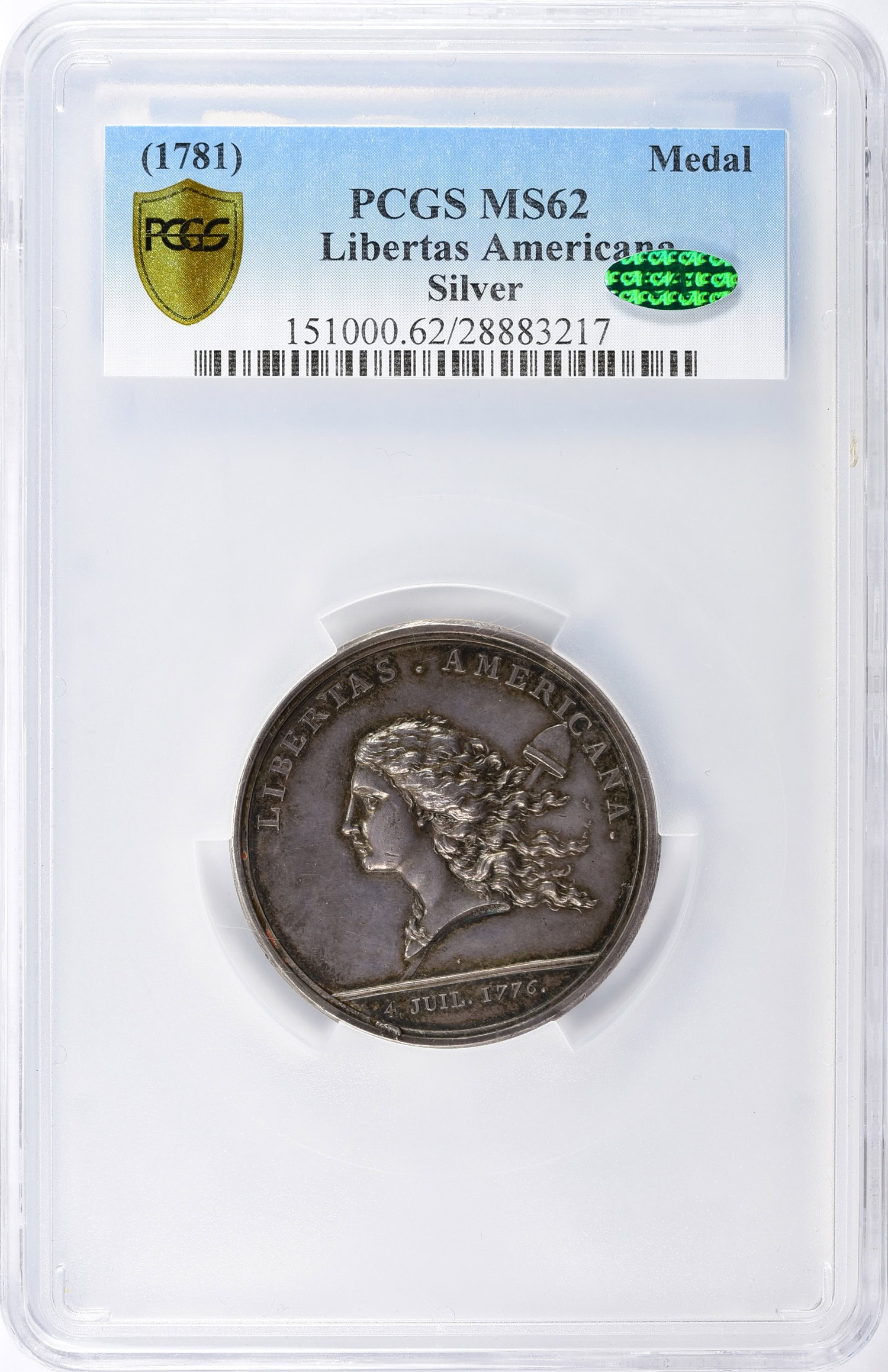 (1781) Libertas Americana Silver Medal PCGS MS-62 (CAC Green) | PCGS ...