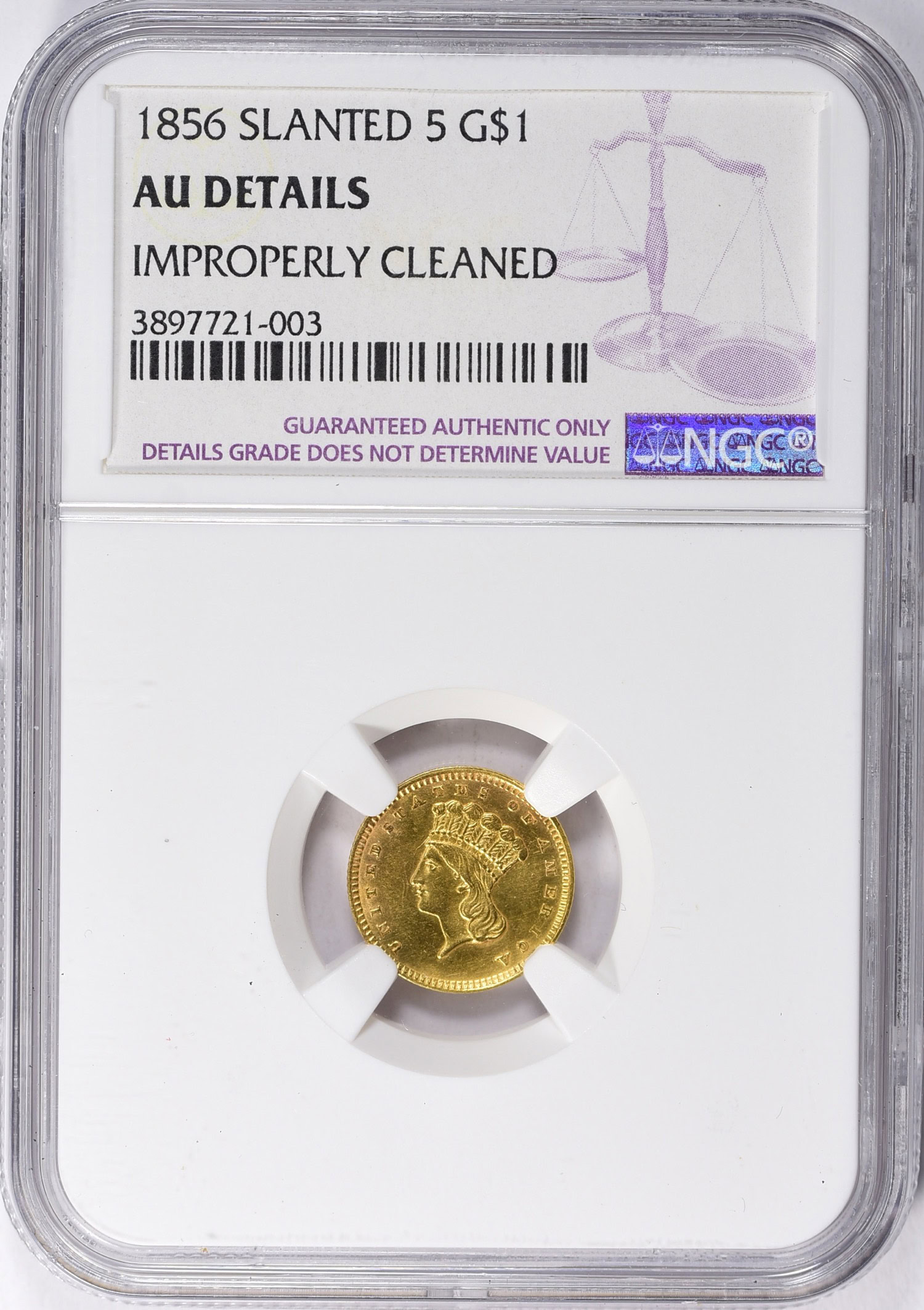 1856 Indian Princess Gold Dollar Slanted 5 NGC AU Details (Item 1124434 ...