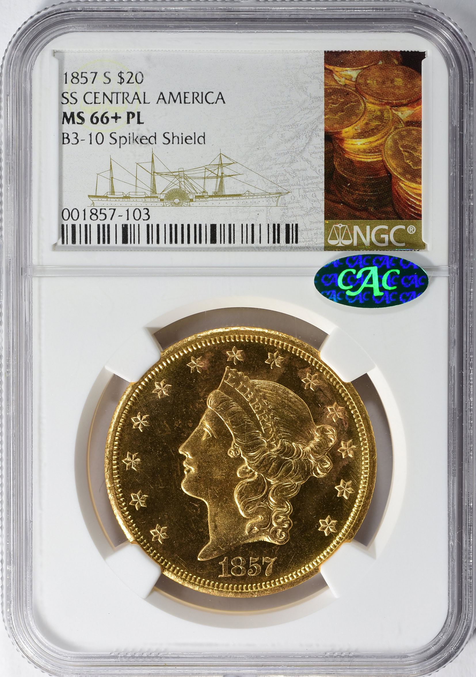 1857-S Liberty Gold Double Eagle Spiked Shield Shipwreck S.S. Central America NGC MS-66+ PL (CAC ...
