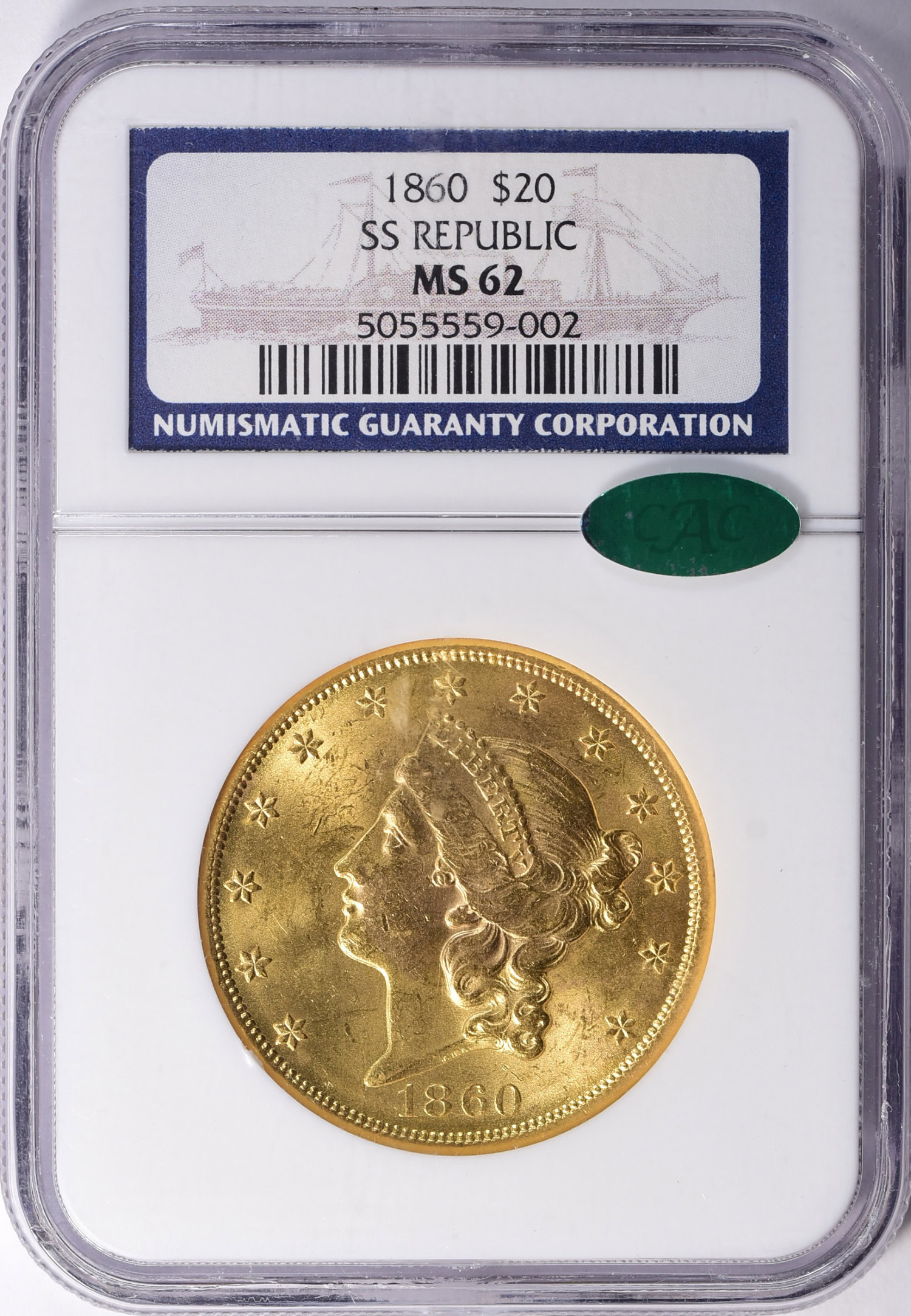 1860 Liberty Gold Double Eagle (Shipwreck S.S. Republic) NGC MS-62 (CAC ...