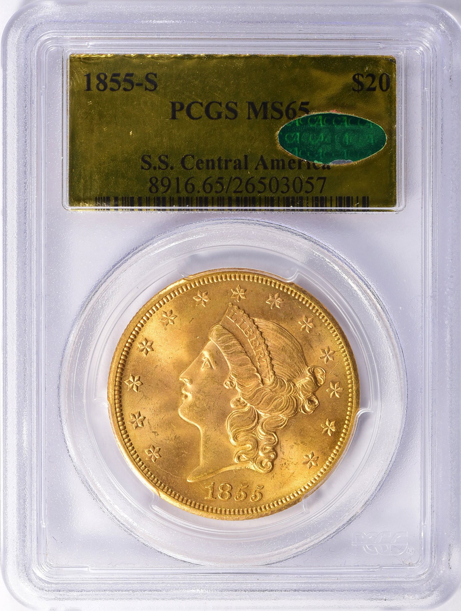1855-S Liberty Gold Double Eagle Shipwreck S.S. Central America PCGS MS-65 (CAC Green) (Gold ...