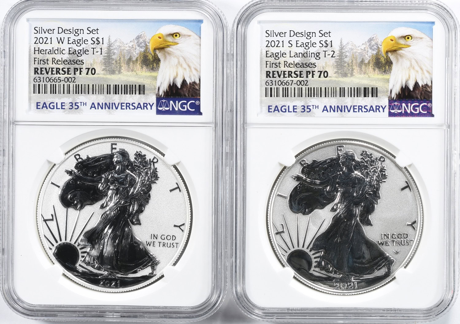 2021-W and 2021-S $1 Silver Eagle Type 1 and 2 Designer Edition First Releases NGC Proof-70 ...