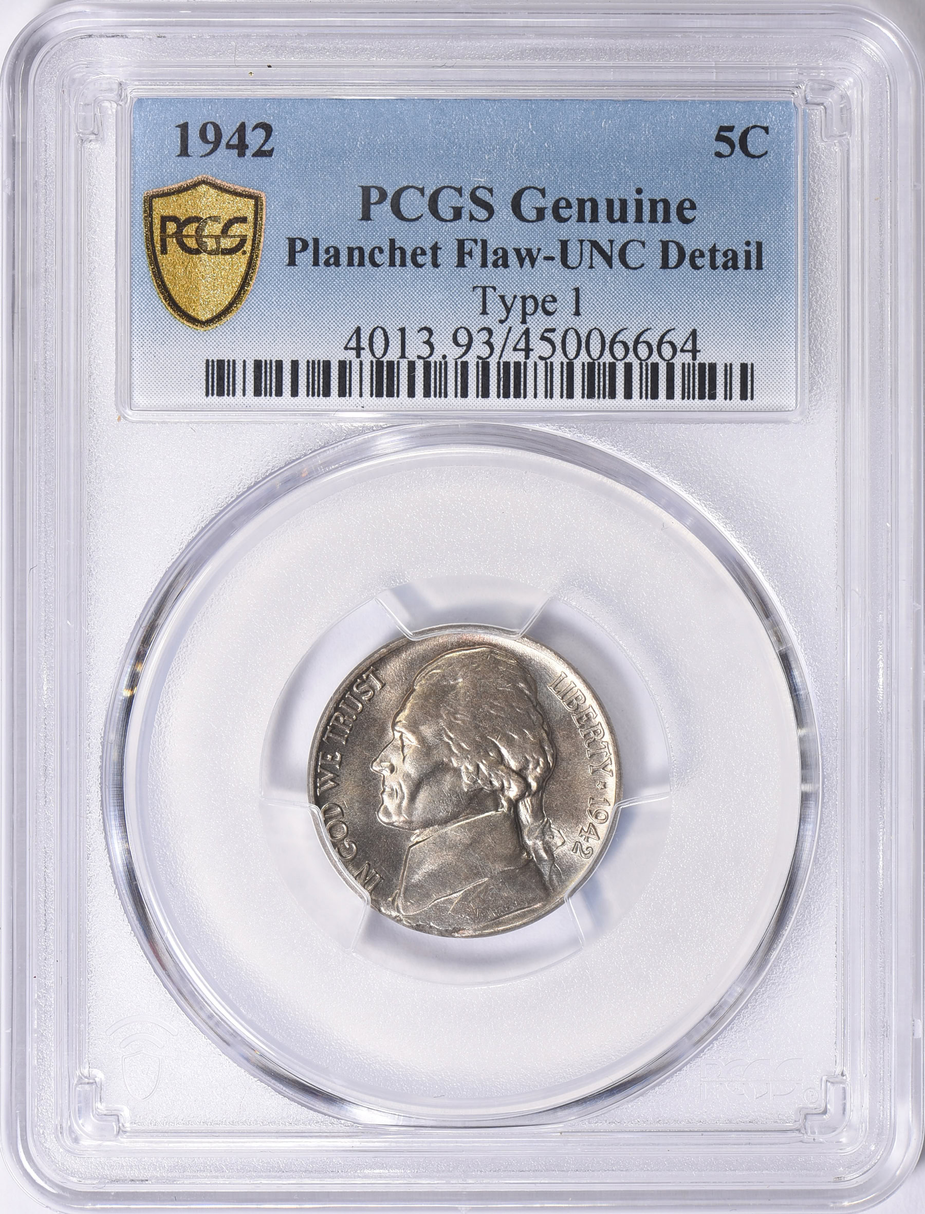 1942 Jefferson Nickel Type 1 PCGS Genuine Unc Details (Item 1139811) | GreatCollections Coin ...