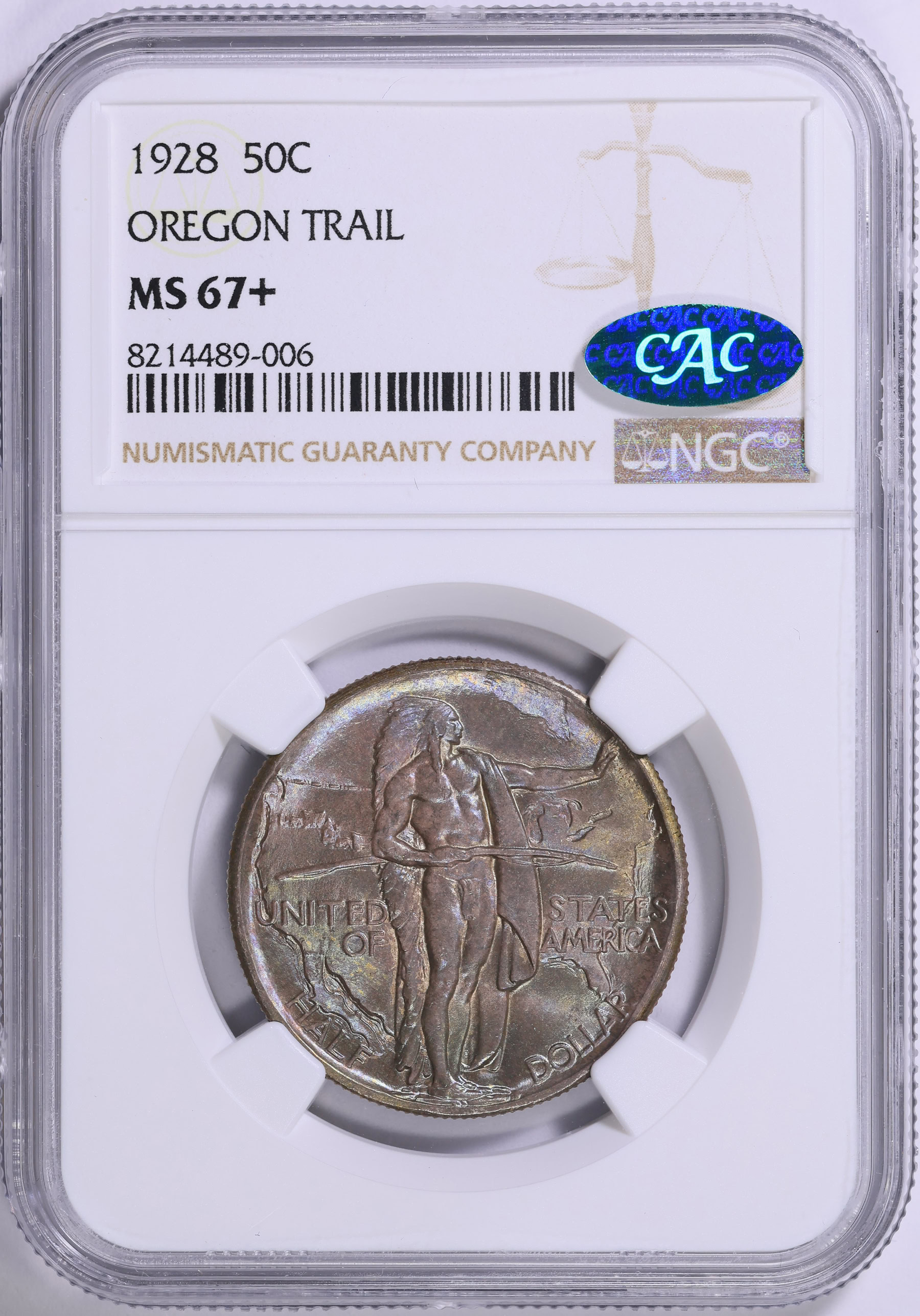 1928 Oregon Trail Memorial Half Dollar NGC MS-67+ (CAC Green) (Toned) (Item 1139836 ...