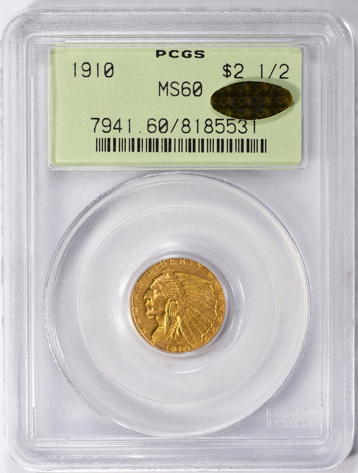 1910 Indian Gold Quarter Eagle PCGS MS-60 OGH (CAC Gold) (Item 1140704 ...
