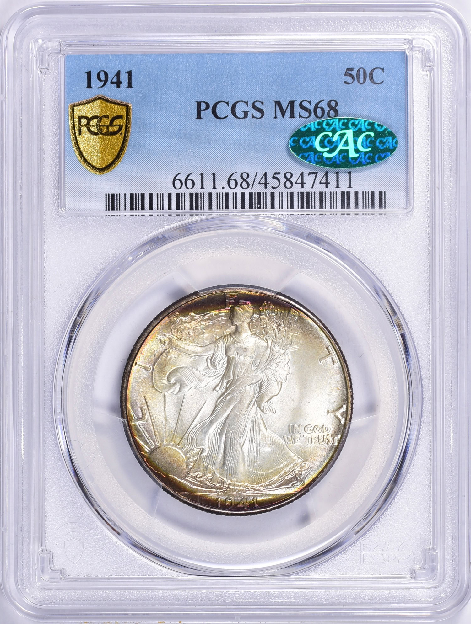 1941 Walking Liberty Half Dollar PCGS MS-68 (CAC Green) (Toned) (Item ...