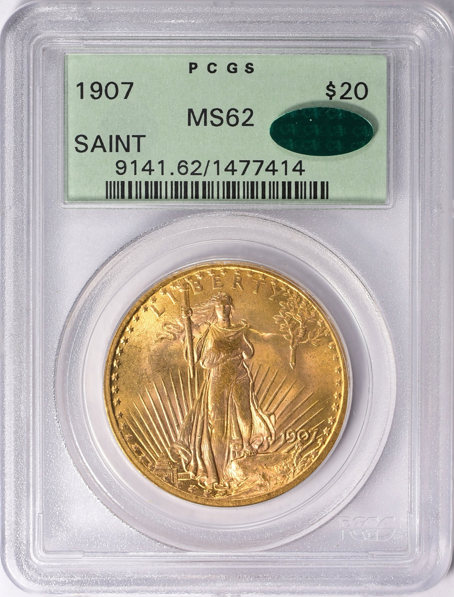 1907 Saint-Gaudens Gold Double Eagle Arabic Numerals PCGS MS-62 OGH (CAC Green) (Item 1146037 ...