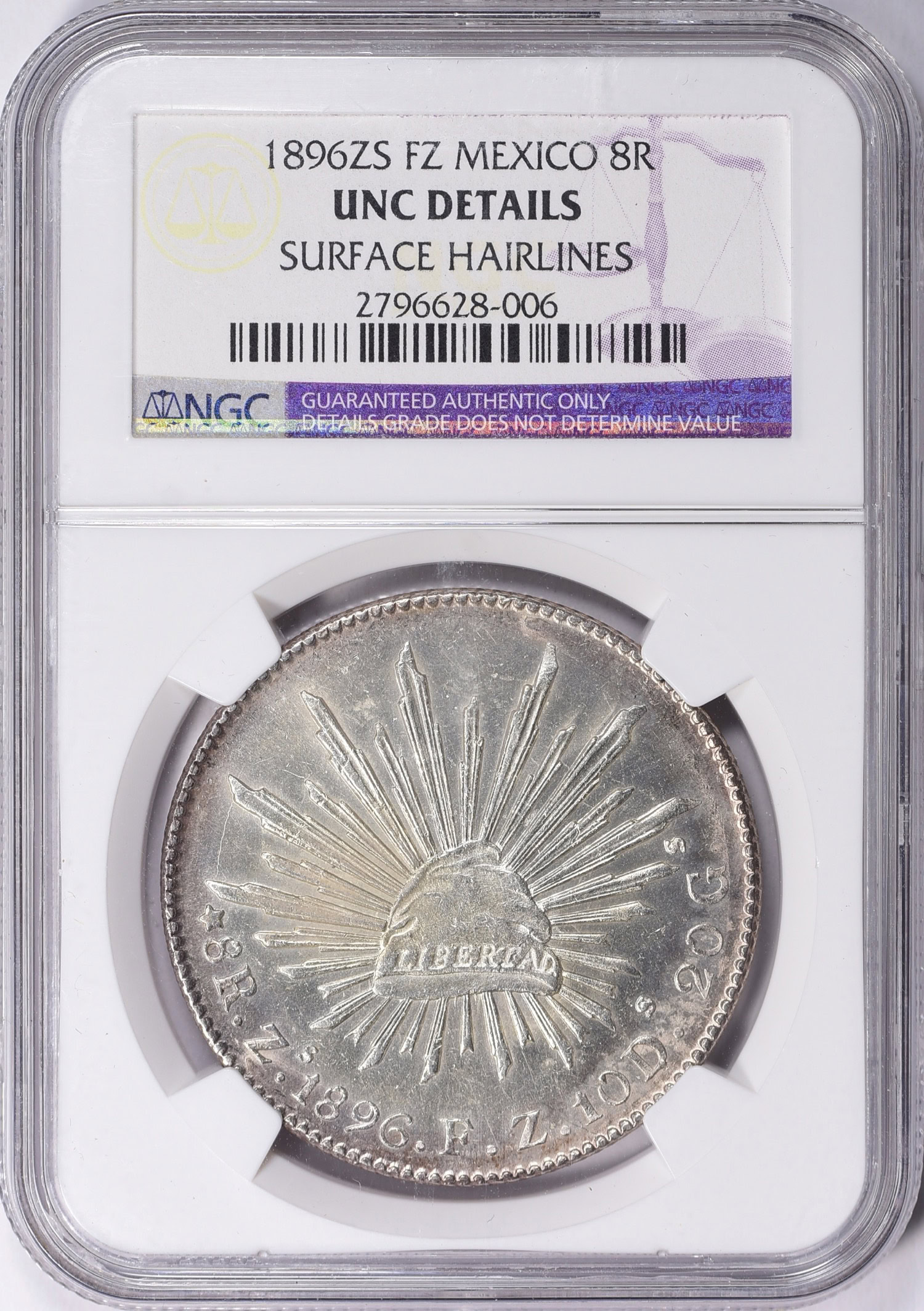 Mexico 1896-Zs FZ Silver 8 Reales NGC Unc Details (Item 1146171) | GreatCollections Coin Auctions