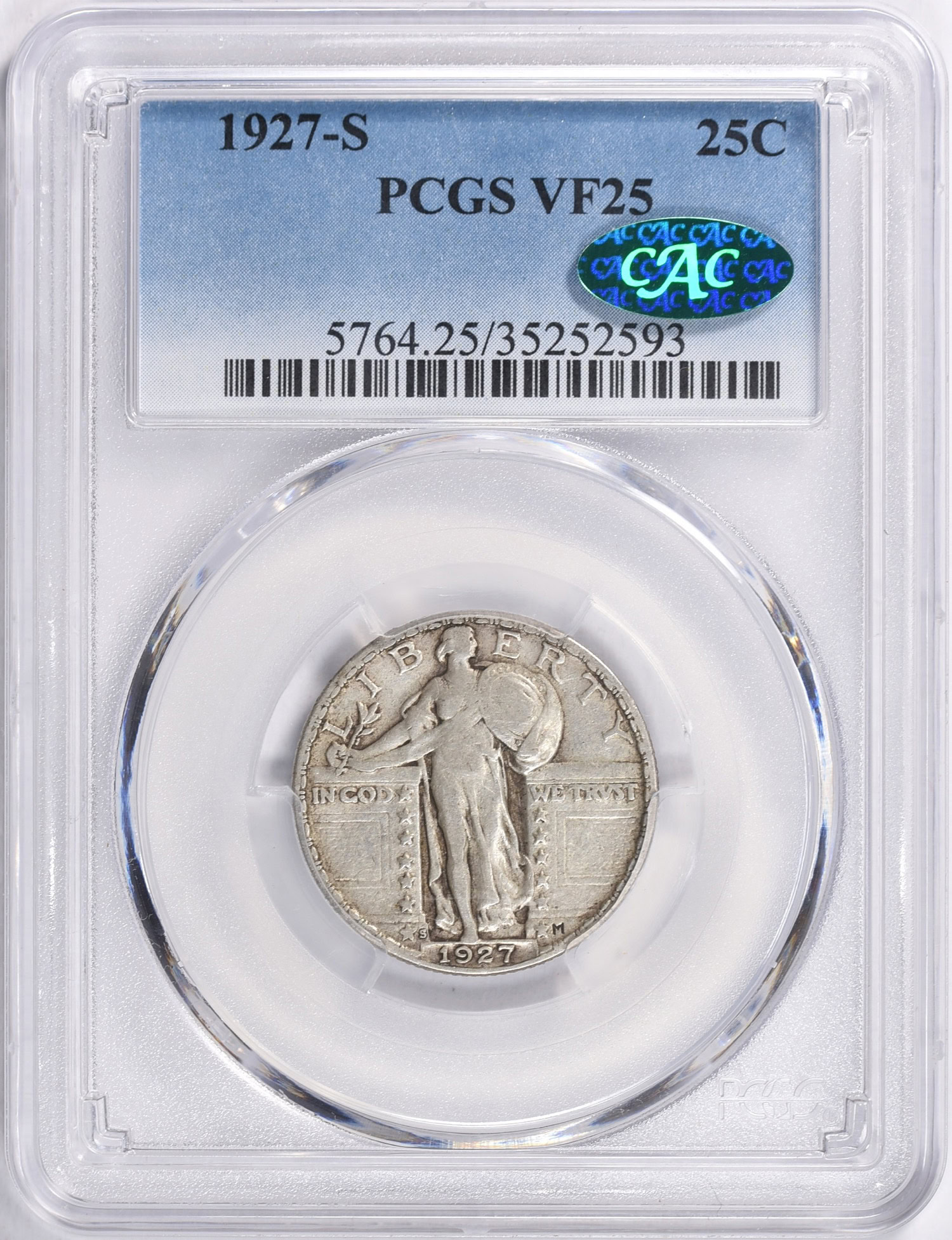 1927-S Standing Liberty Quarter PCGS VF-25 (CAC Green) (Item 1149028) | GreatCollections Coin ...