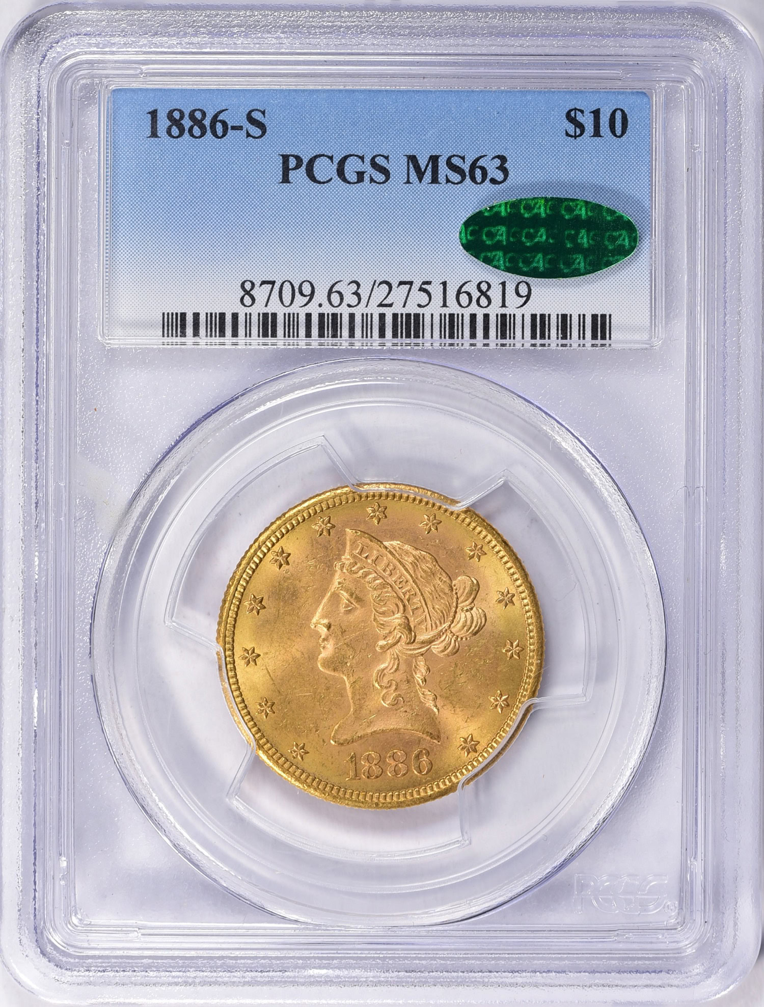 1886-S Liberty Gold Eagle PCGS MS-63 (CAC Green) (Item 1150368) | GreatCollections Coin Auctions