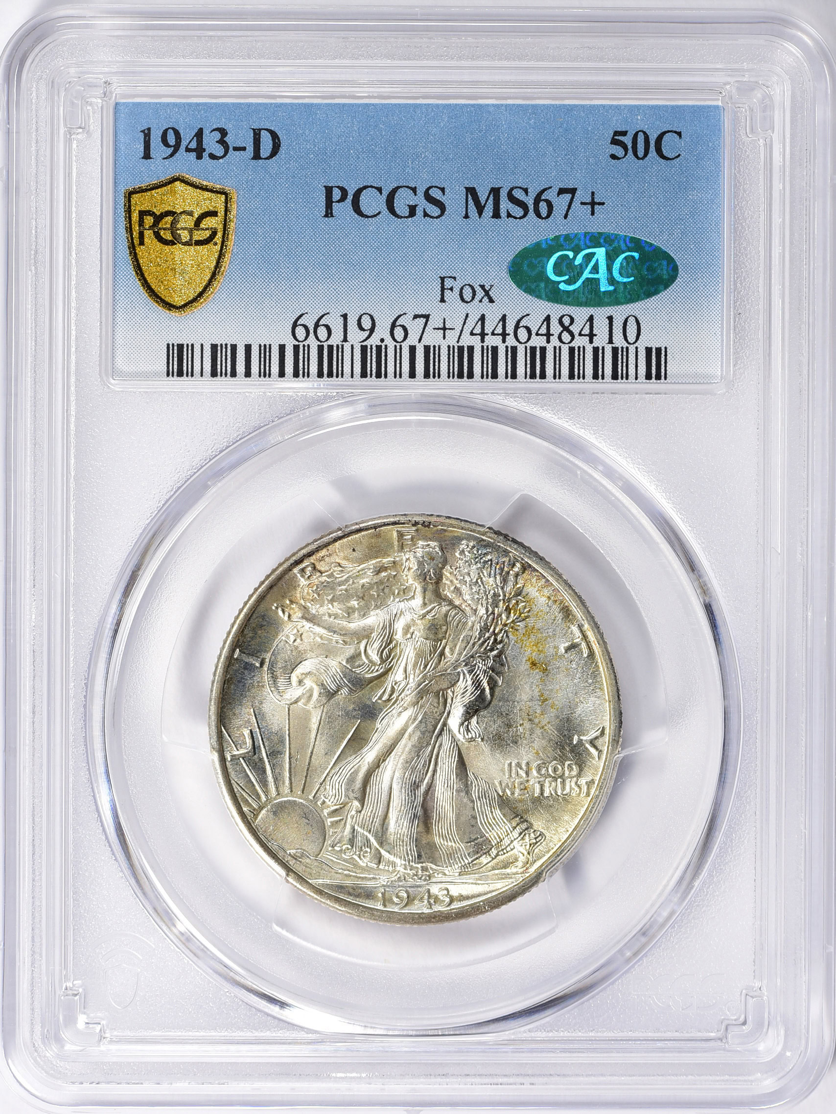 1943-D Walking Liberty Half Dollar PCGS MS-67+ (CAC Green) (Toned) (Rollo Fox Collection) (Item ...