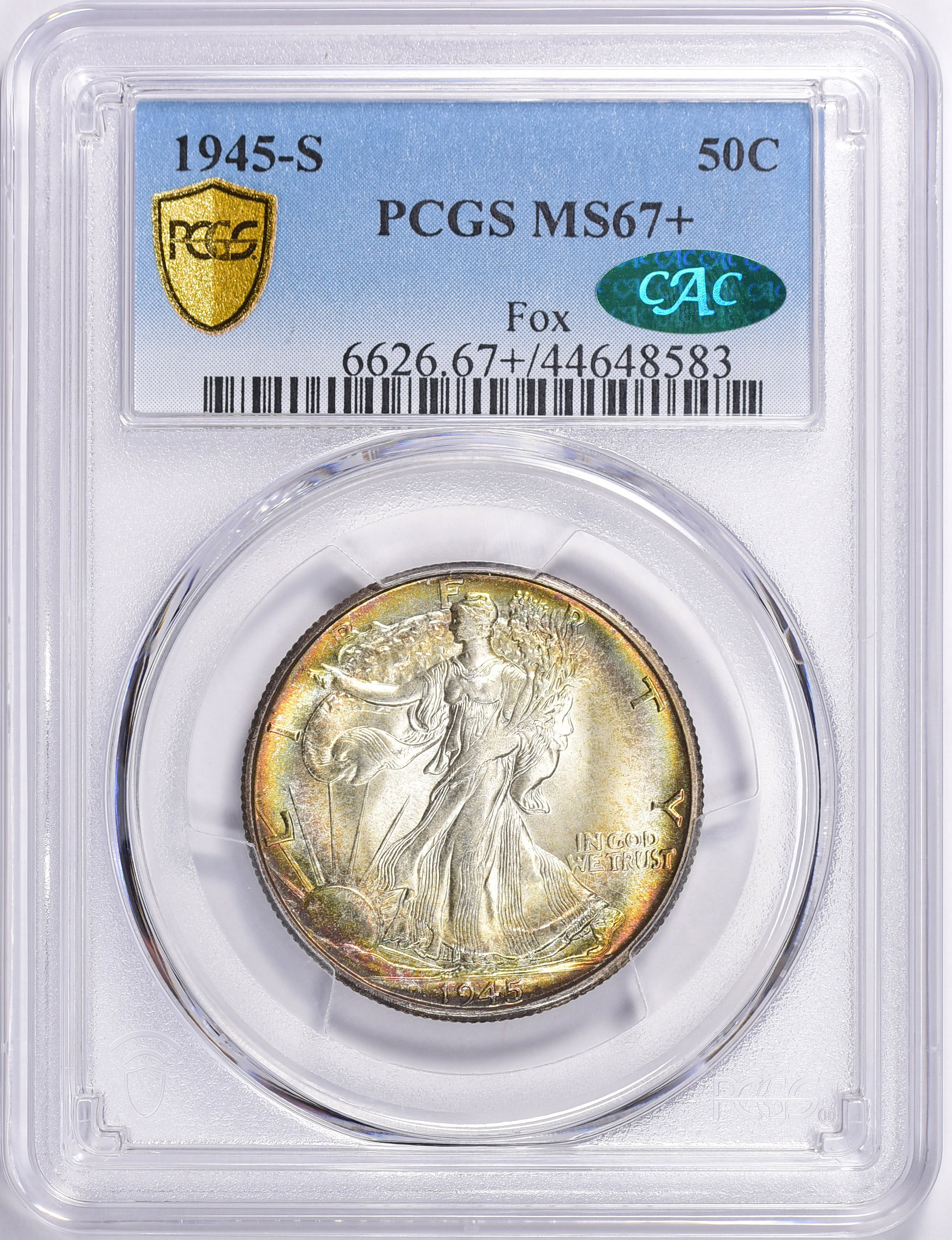 1945-S Walking Liberty Half Dollar PCGS MS-67+ (CAC Green) (Toned) (Rollo Fox Collection) (Item ...