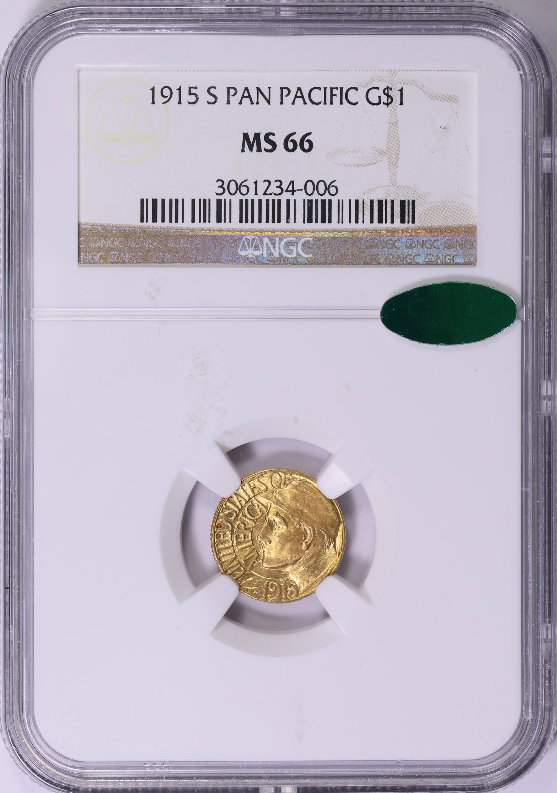 1915-S Panama-Pacific Exposition Gold Dollar NGC MS-66 (CAC Green) (Item 1154873 ...