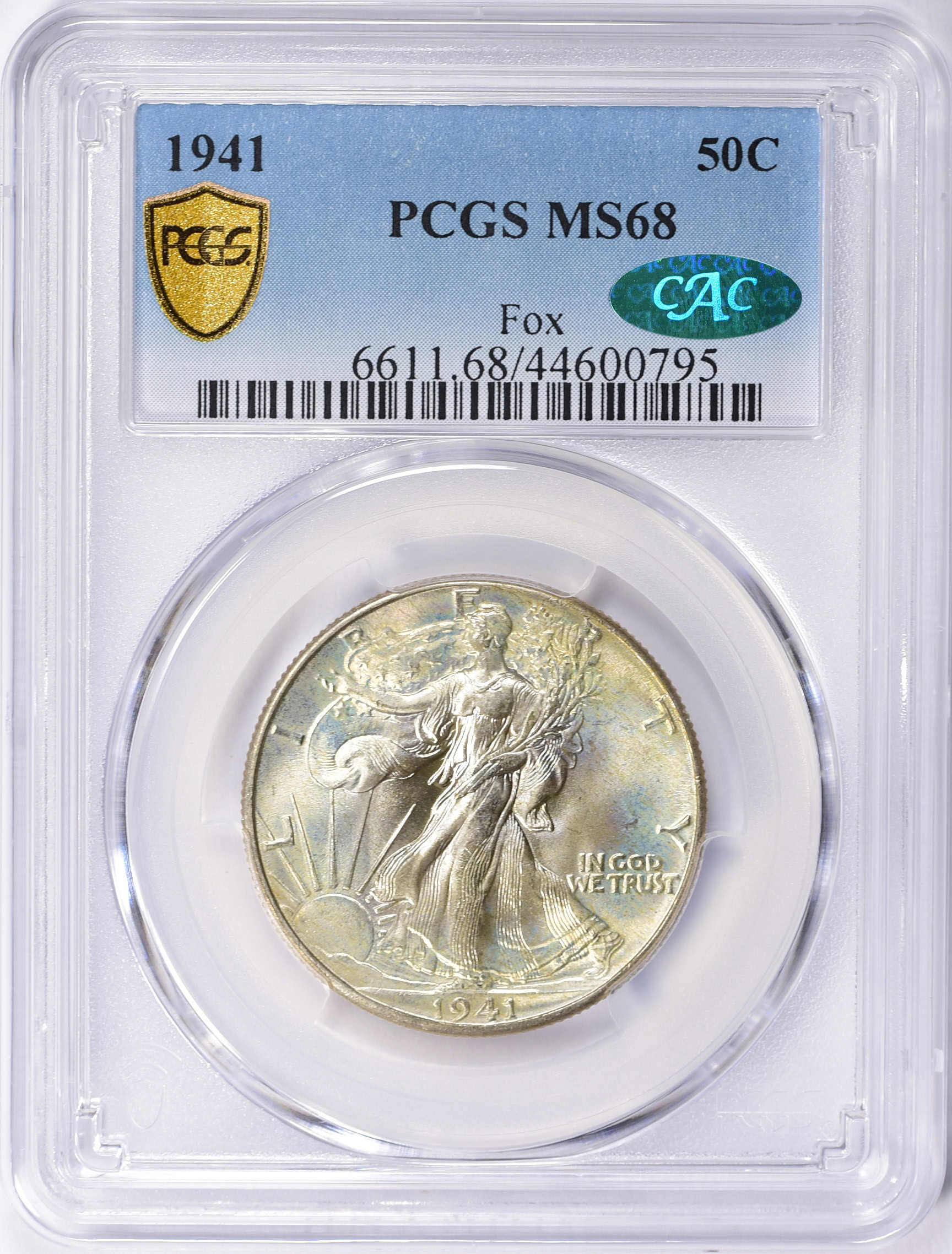 1941 Walking Liberty Half Dollar PCGS MS-68 (CAC Green) (Toned) (Rollo ...