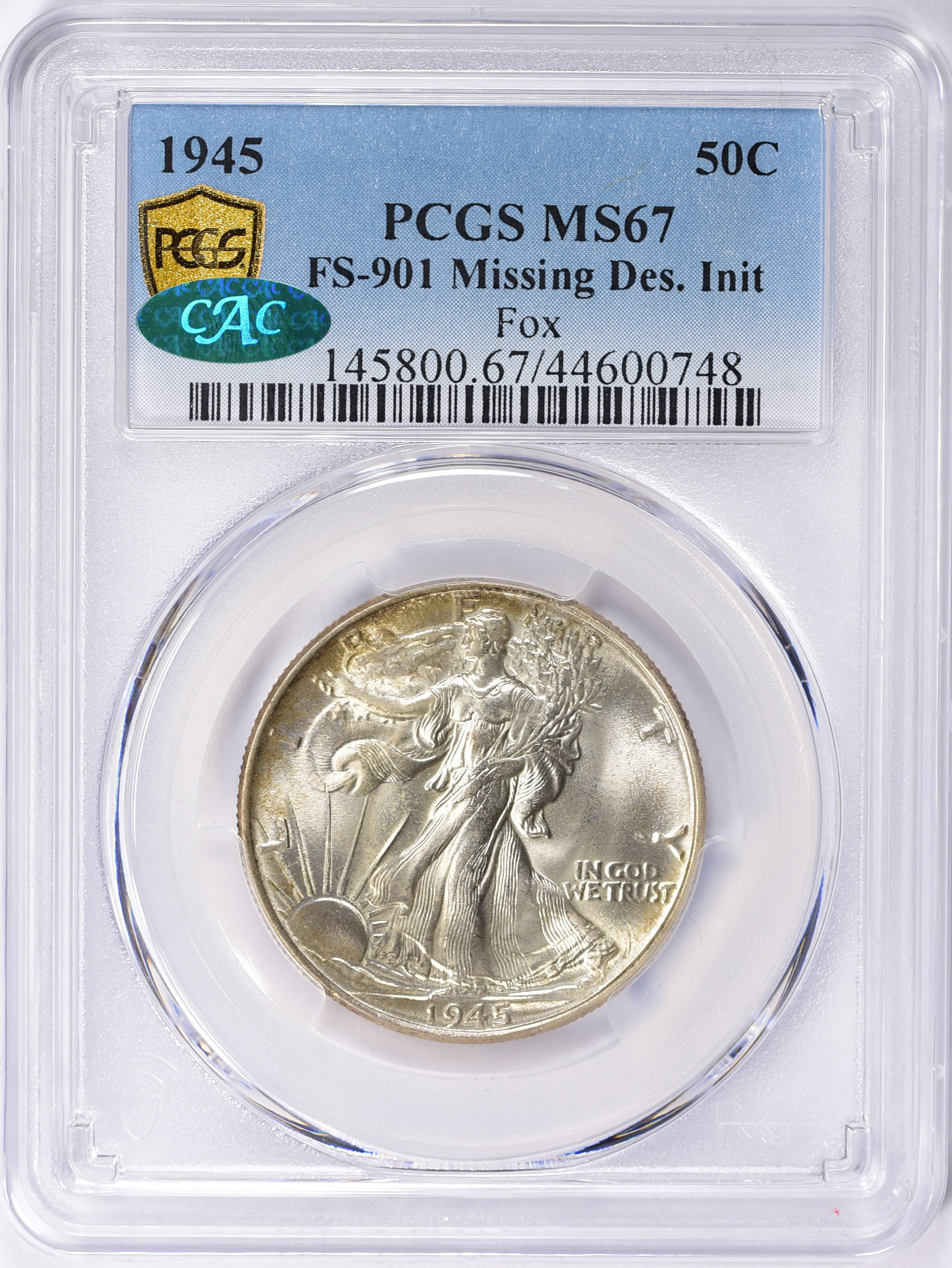 1945 Walking Liberty Half Dollar FS-901 Missing Designer's Initials PCGS MS-67 (CAC Green ...