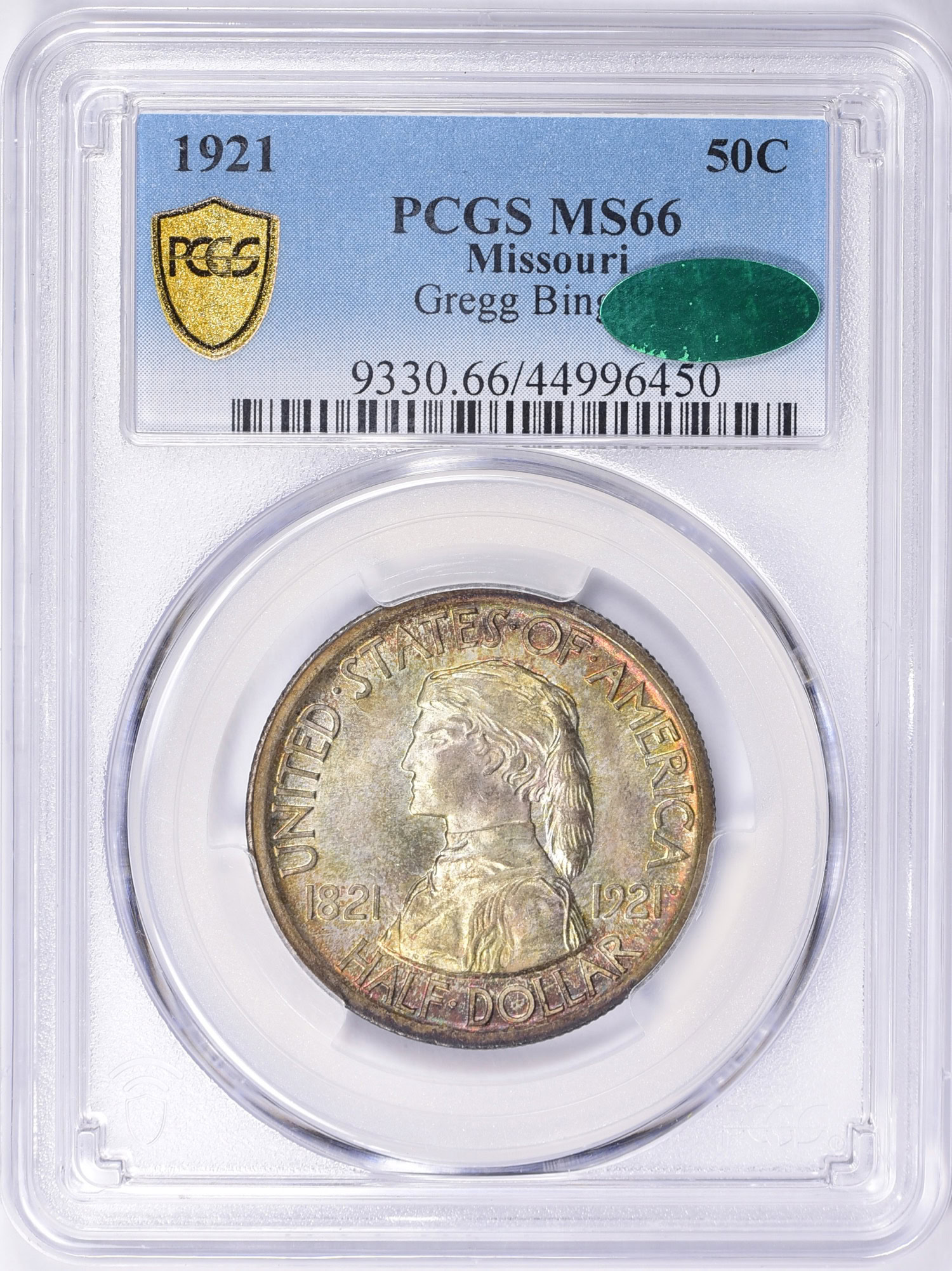 1921 Missouri Centennial Half Dollar PCGS MS-66 (CAC Green) (Toned ...