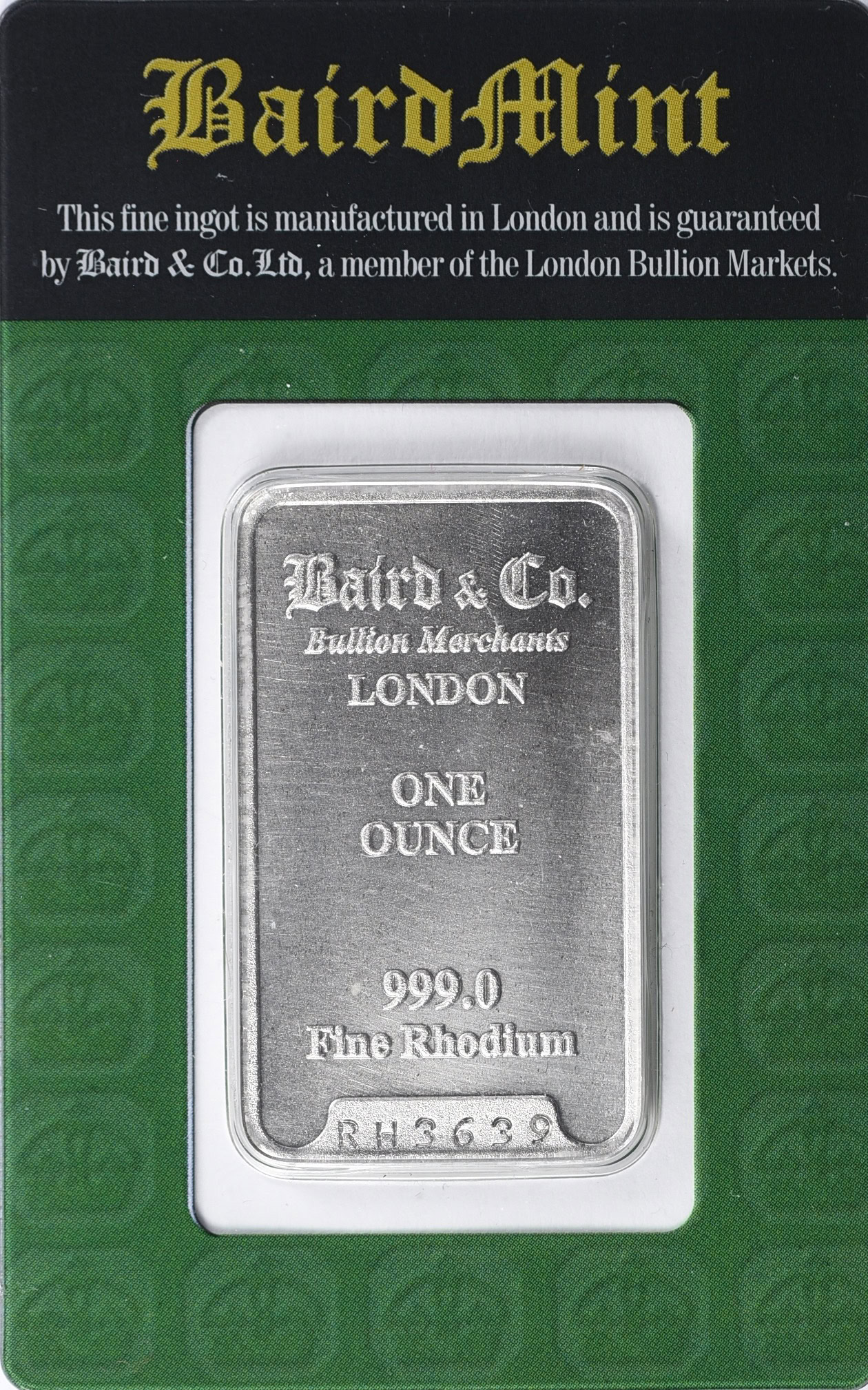 Baird & Co. Rhodium 1 oz. Numbered Ingot/Bar Uncertified in Green Card ...