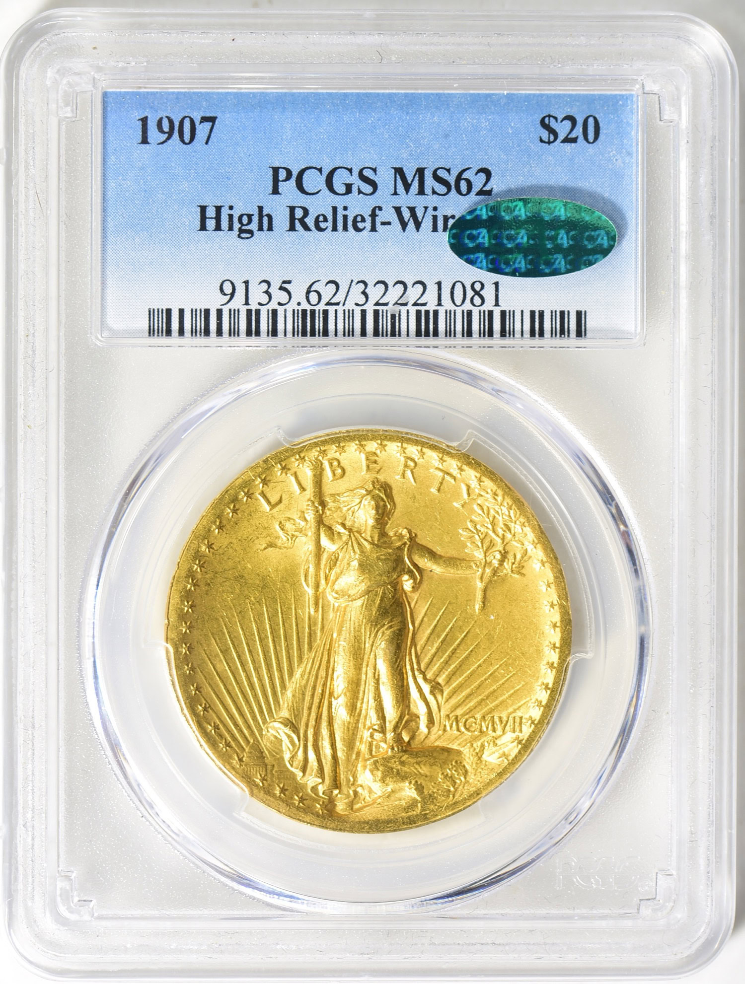 1907 Saint-Gaudens Gold Double Eagle MCMVII. High Relief, Wire Edge PCGS MS-62 (CAC Green) (Item ...